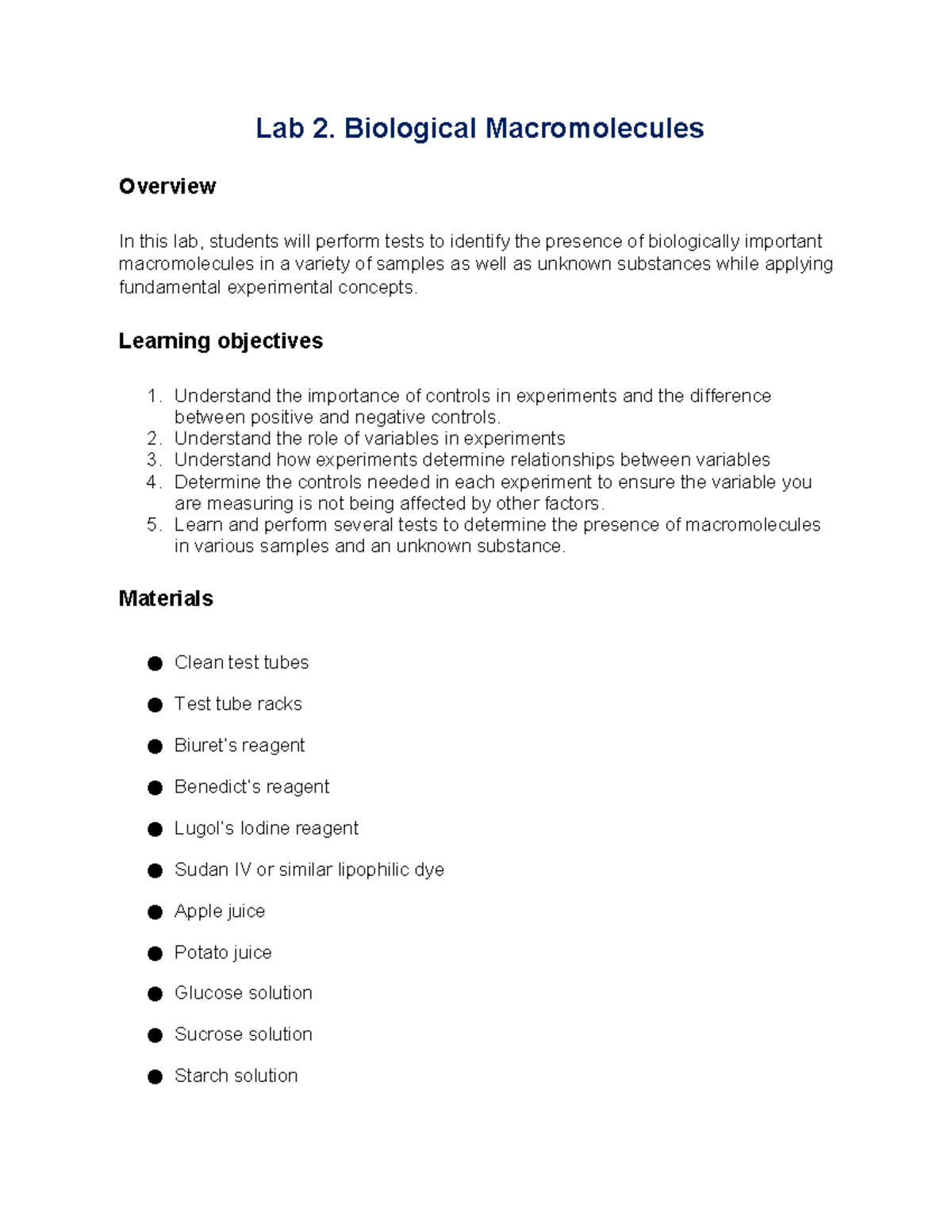 Lab 2 Biological Macromolecules - Lab 2. Biological Macromolecules ...