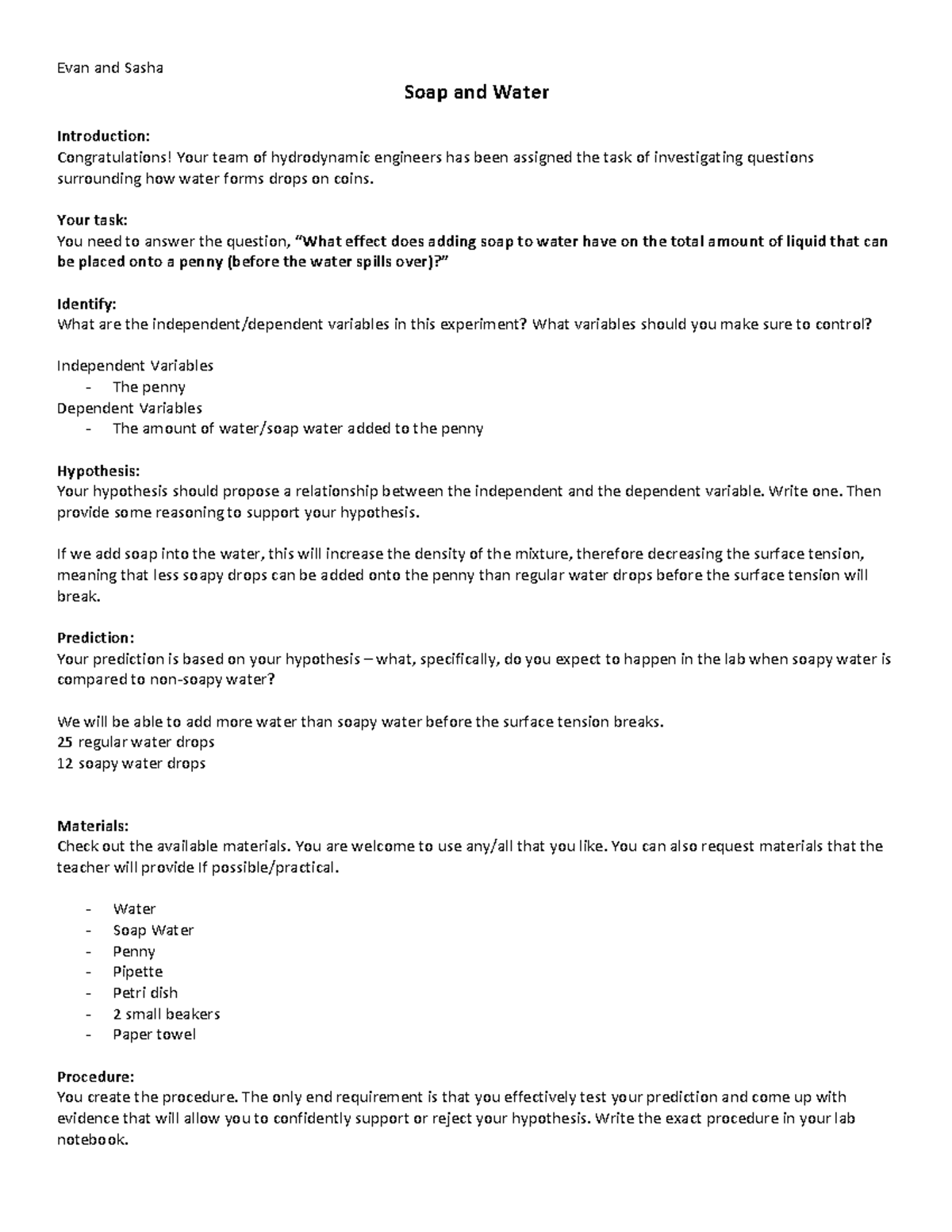 AP Penny Drop Lab - Evan and Sasha Soap and Water Introduction ...