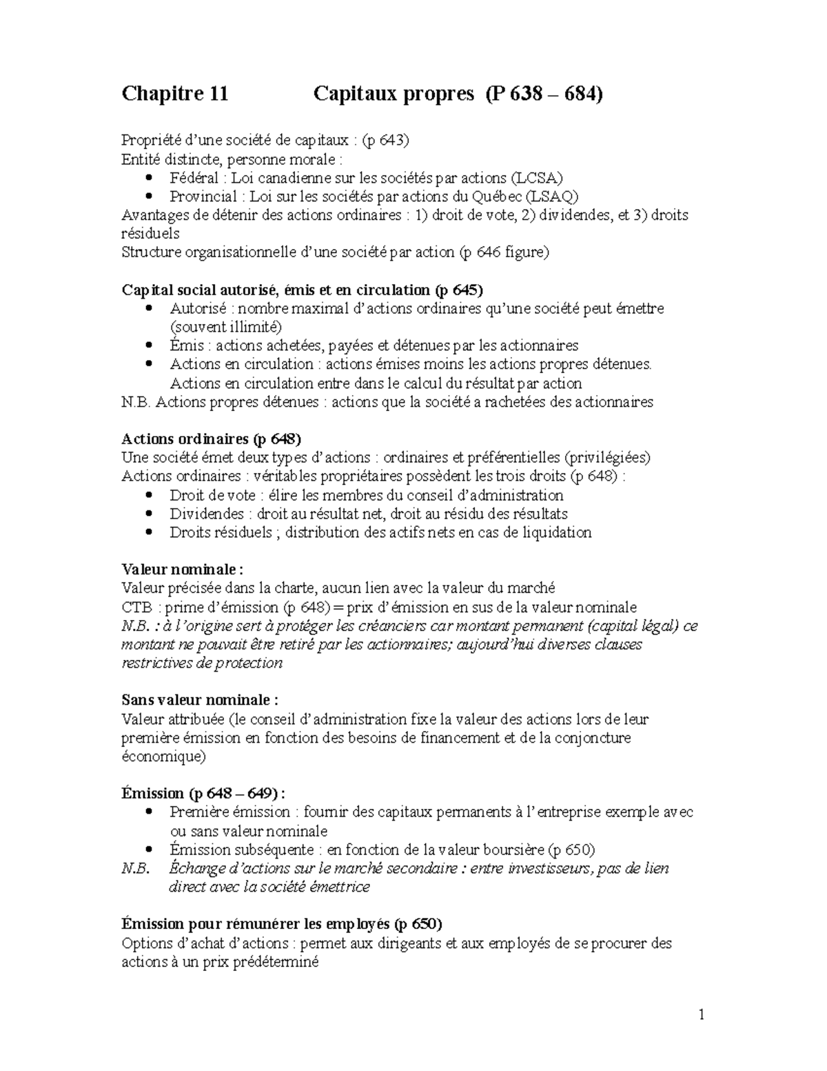 Cours 11 Capitaux Propres - Chapitre 11 Capitaux propres (P 638 – 684 ...
