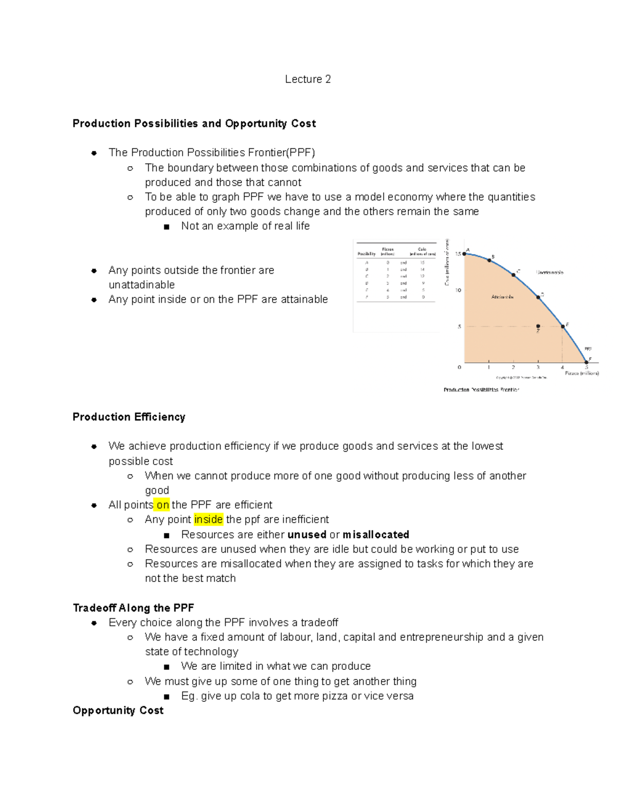 Economics 1021A Lecture 2 - September 19th - Lecture 2 Production Possibilities and Opportunity ...