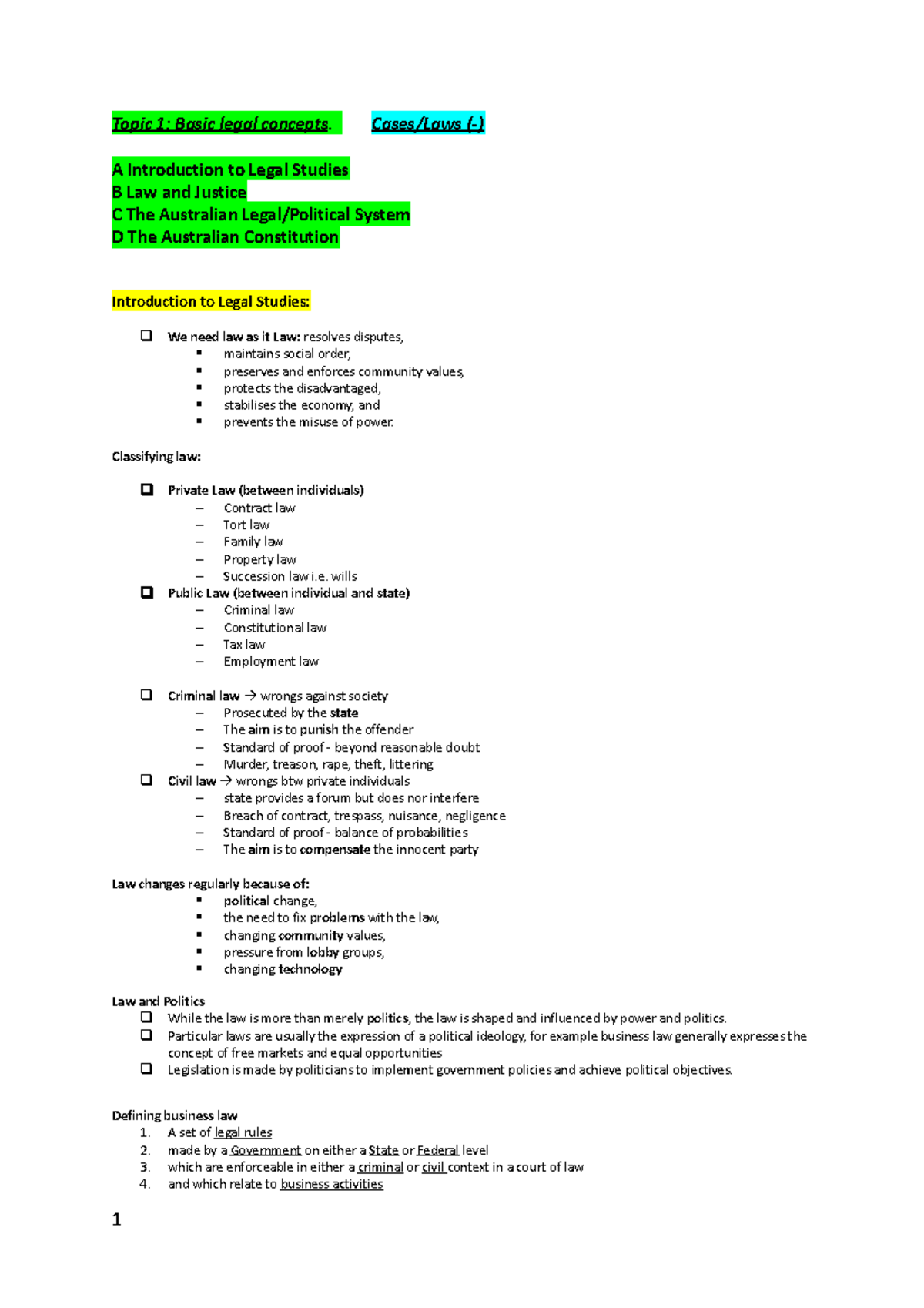 Final Complete BL Notes - Topic 1: Basic legal concepts. Cases/Laws ...