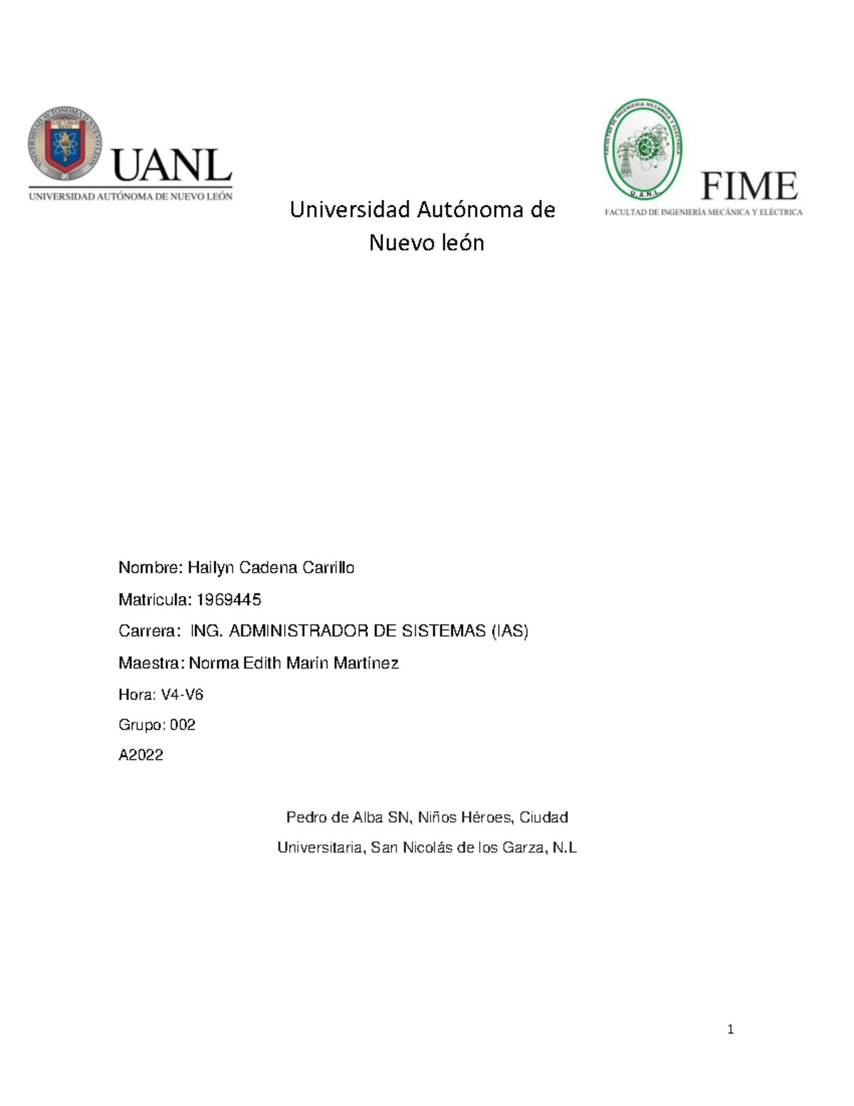 Actividad Fundamental 1 - Universidad AutÛnoma de Nuevo leÛn Nombre ...