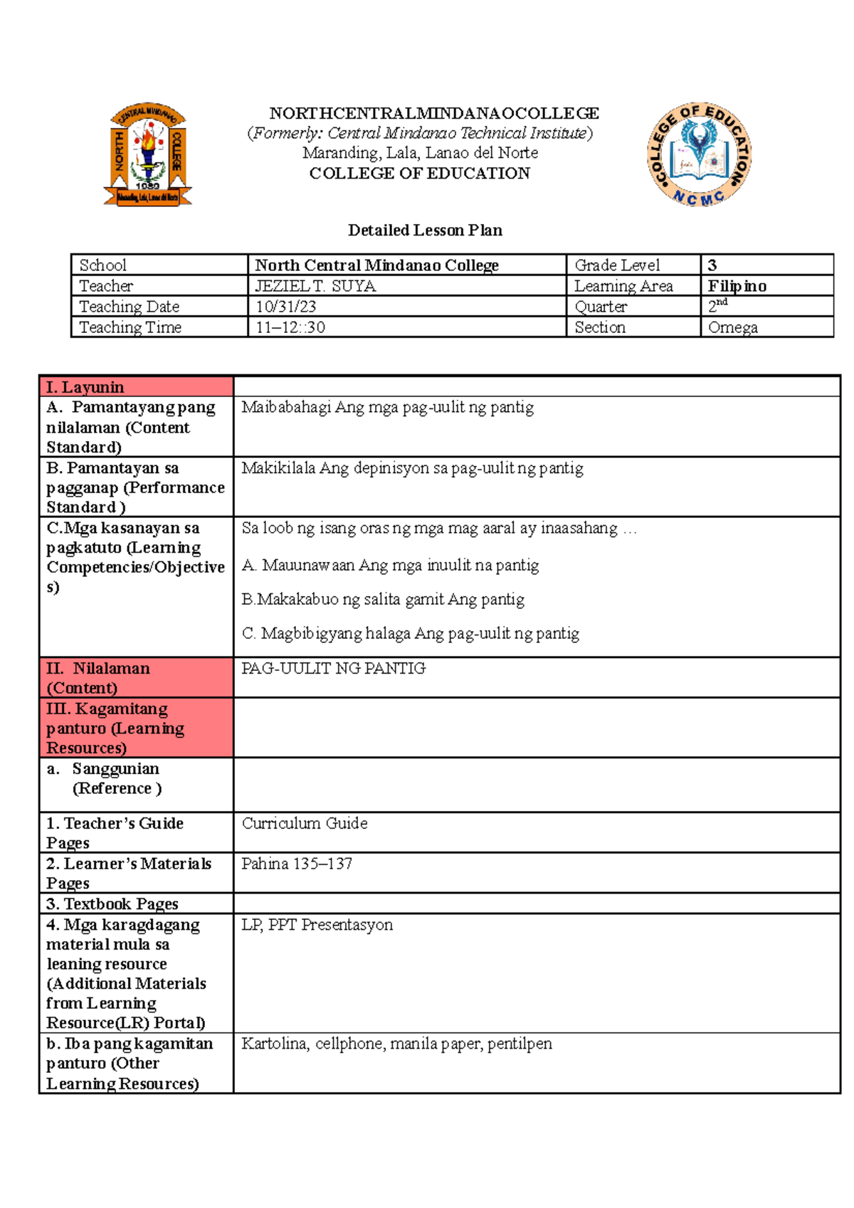 Filipino-DLP-4 - To help my studies - NORTHCENTRALMINDANAOCOLLEGE ...