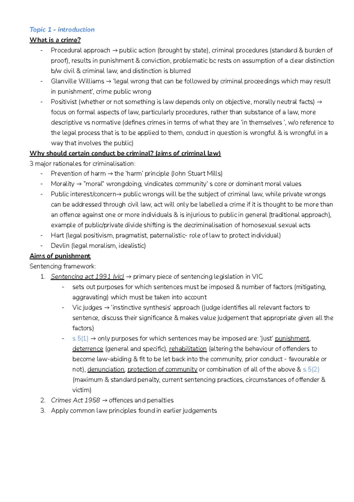 LAW1114 notes - Topic 1 - introduction What is a crime? - Procedural ...