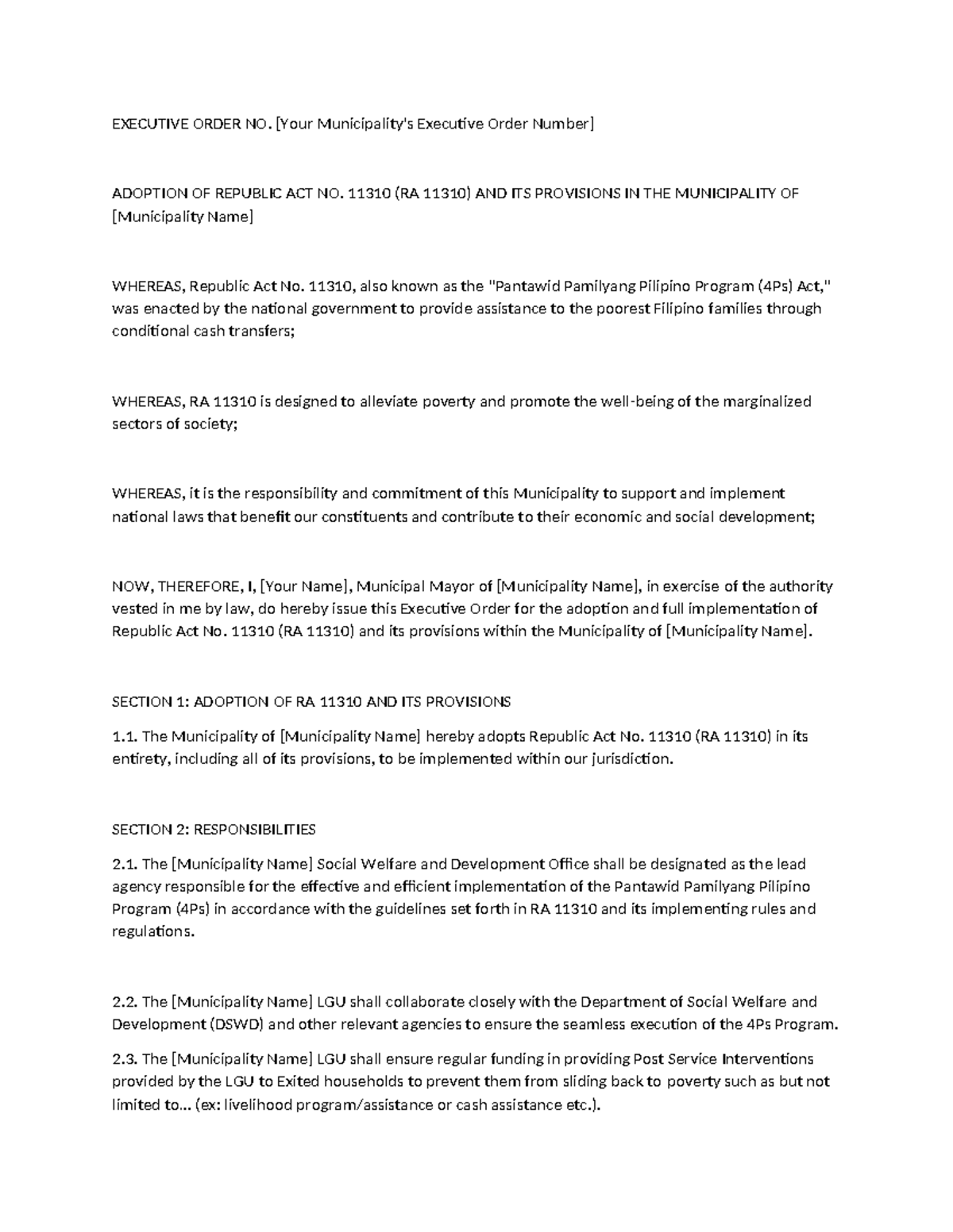 Executive Order NO sample 1-1 - EXECUTIVE ORDER NO. [Your Municipality ...