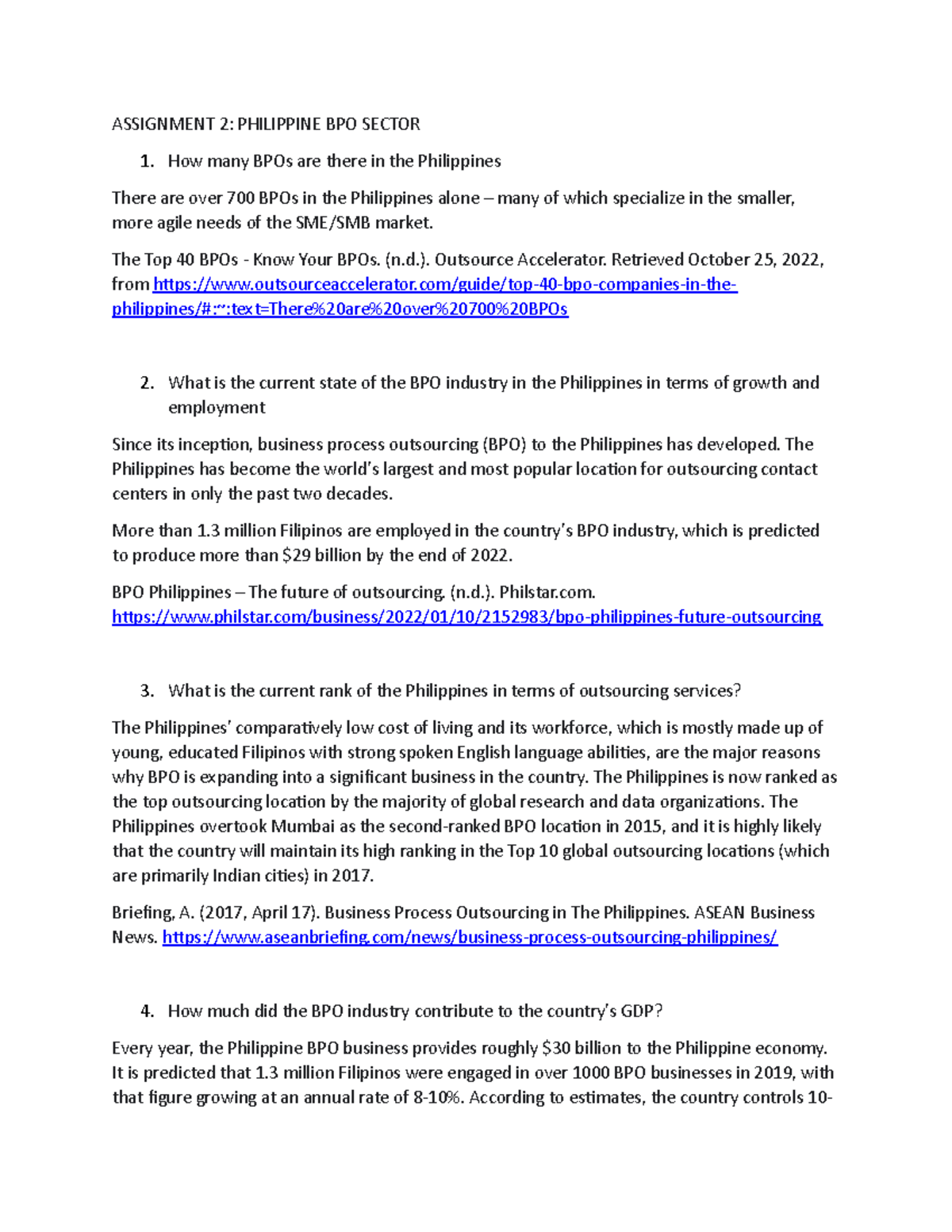Assignment 2 - Philippine BPO Sector - ASSIGNMENT 2: PHILIPPINE BPO ...
