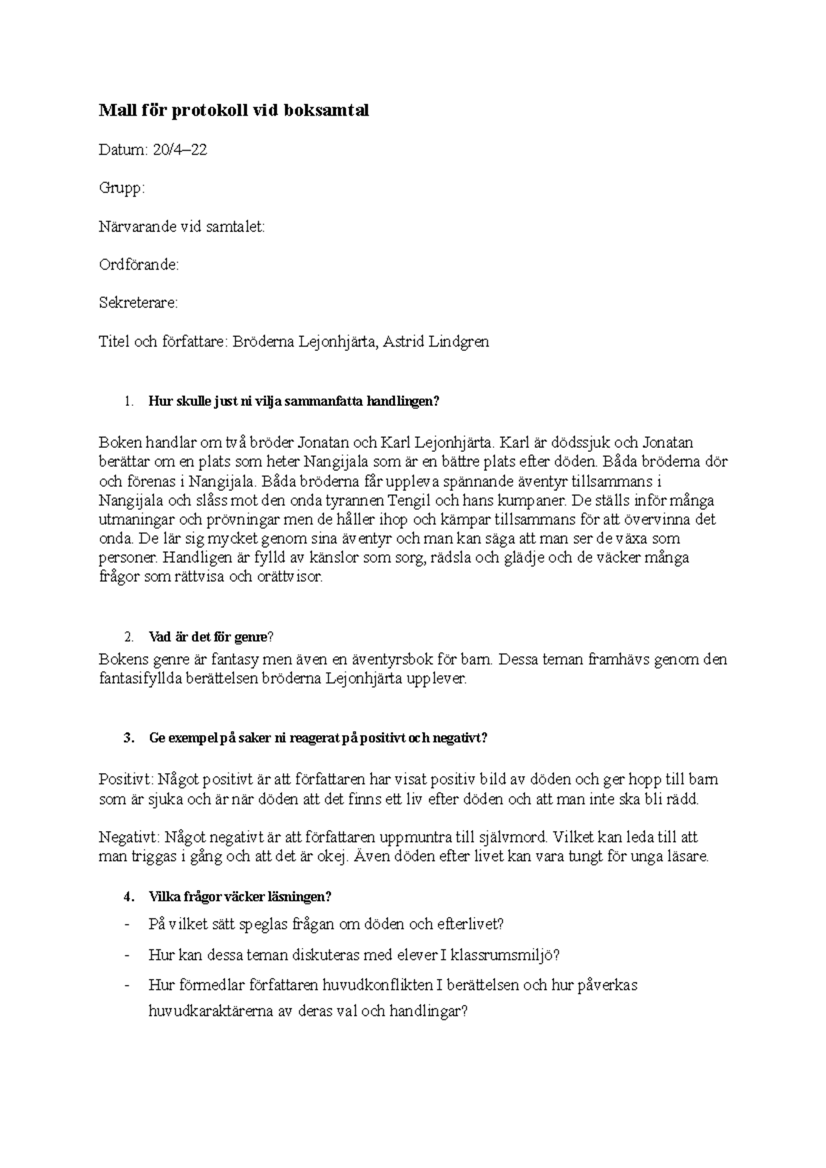 Mall för mötesprotokoll läsestrimma - Mall för protokoll vid boksamtal ...