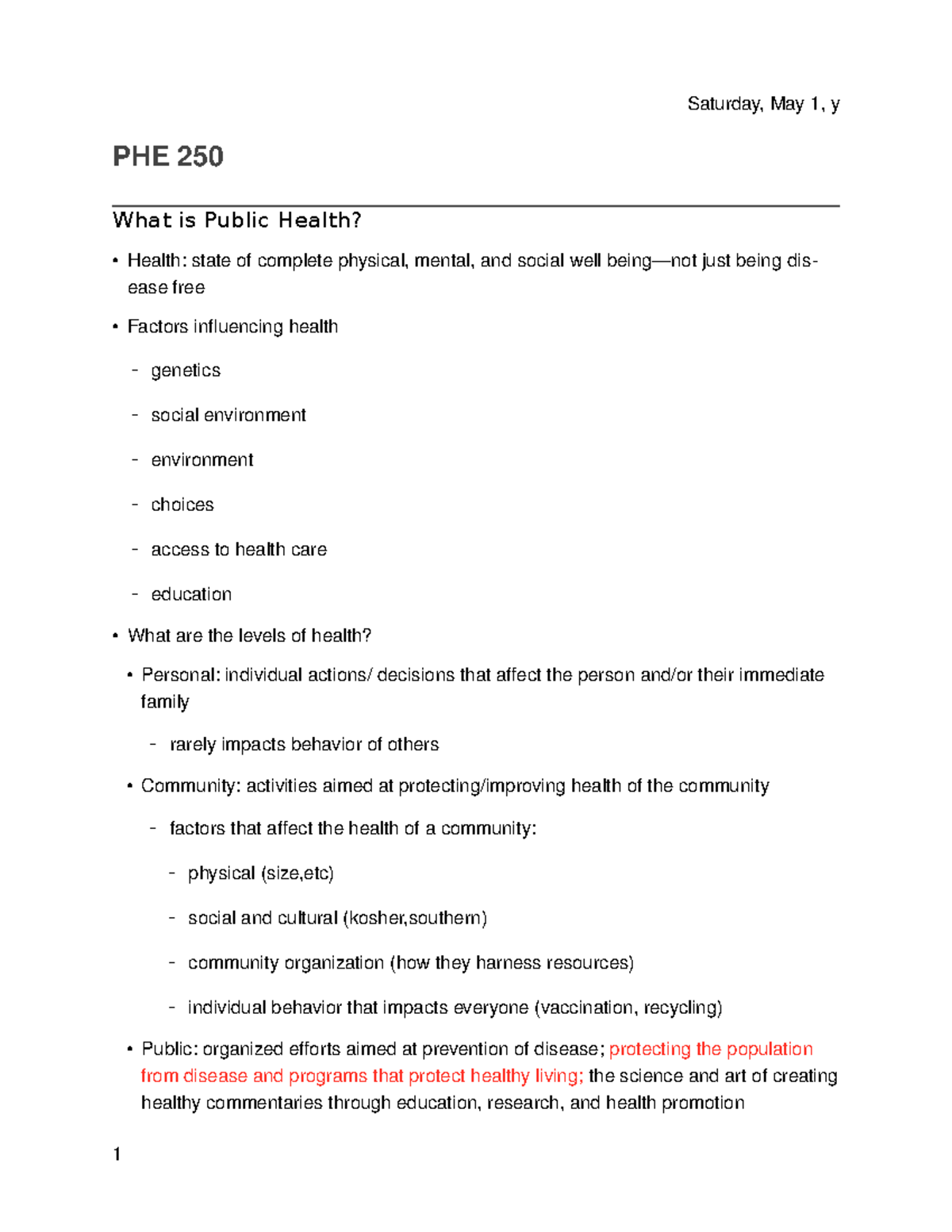 PHE Notes Week 1 - PHE 250, Melissa Canon, All Public Health Majors ...