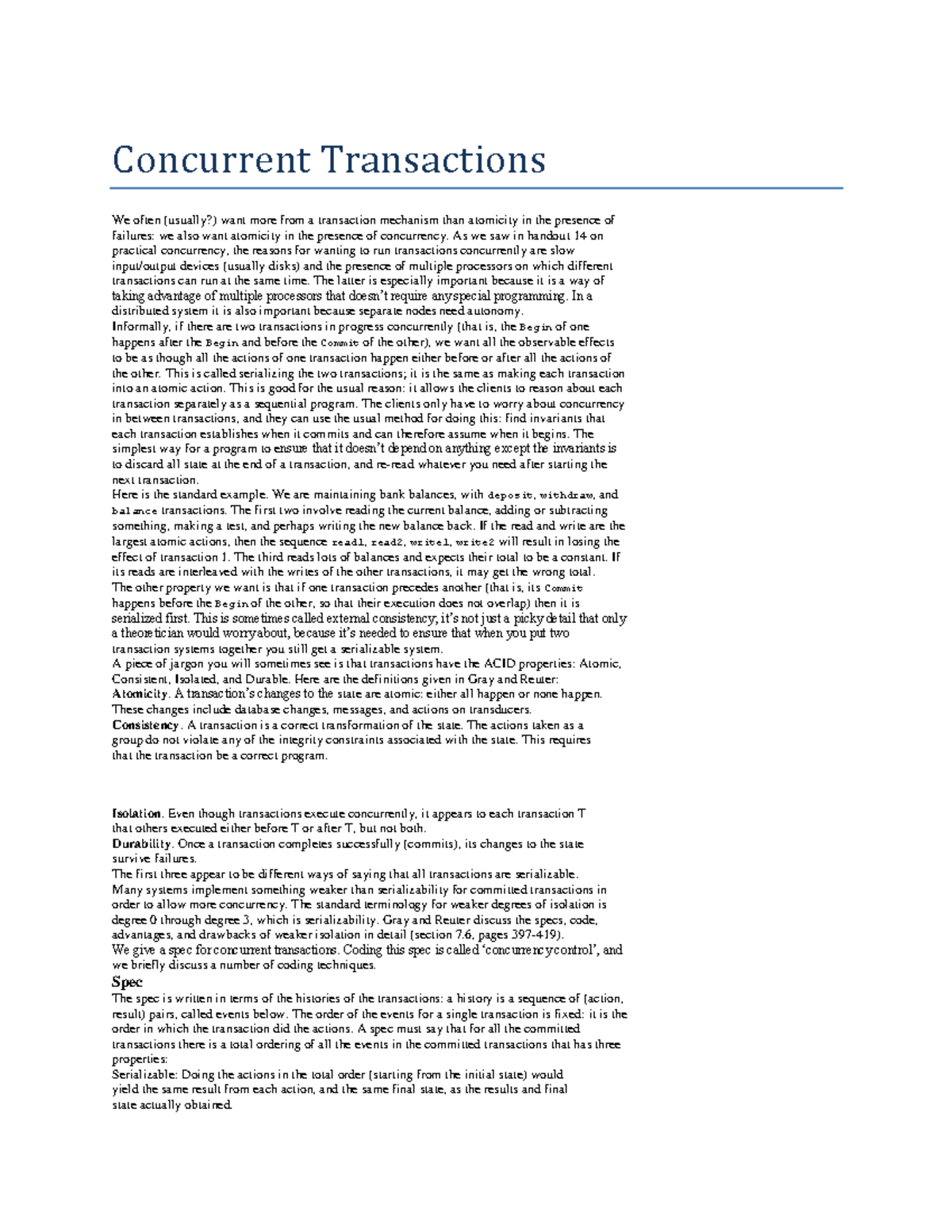 Concurrent Transactions As We Saw In Handout 14 On Practical