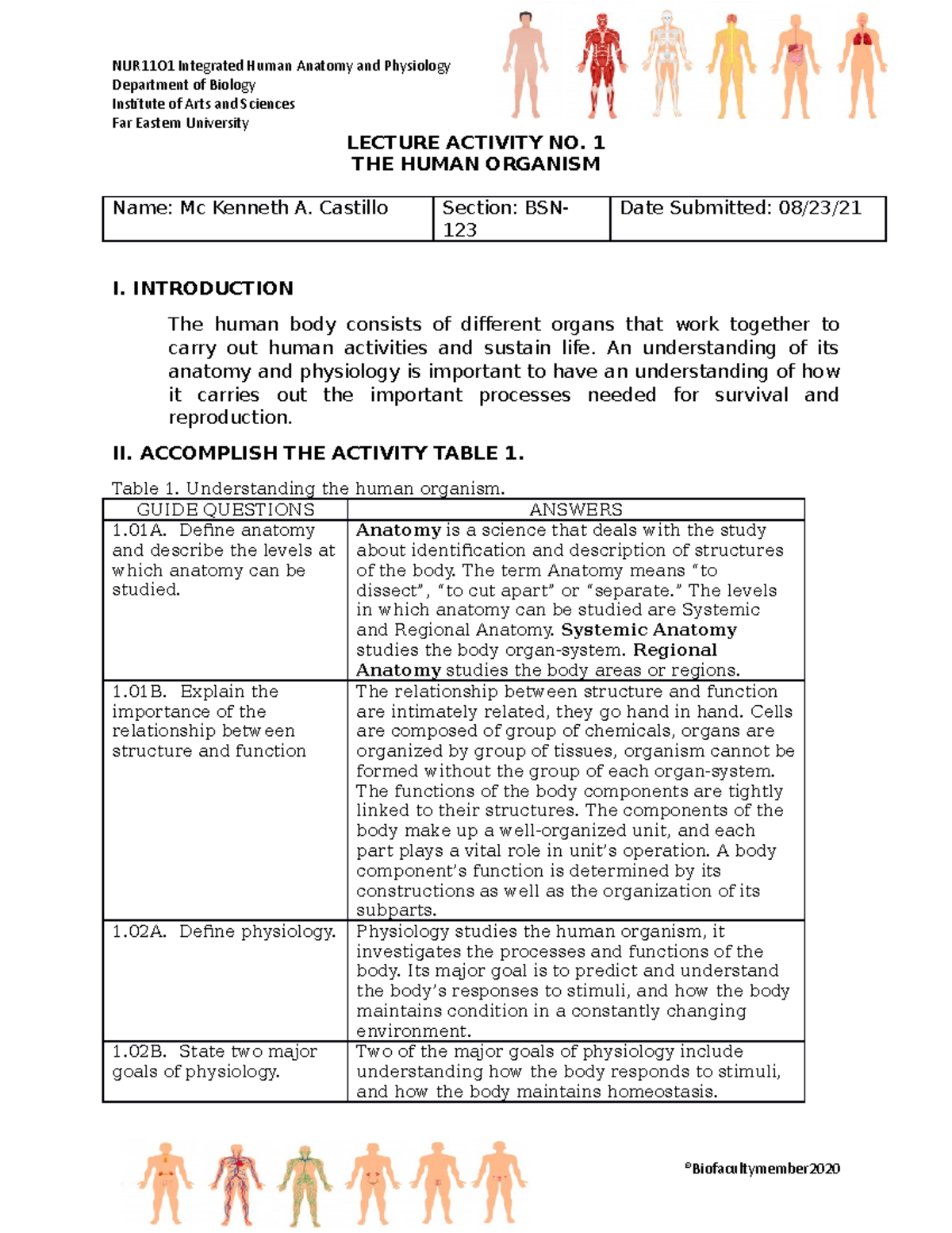B. LEC Activity NO. 1 The Human Organism - Department of Biology ...