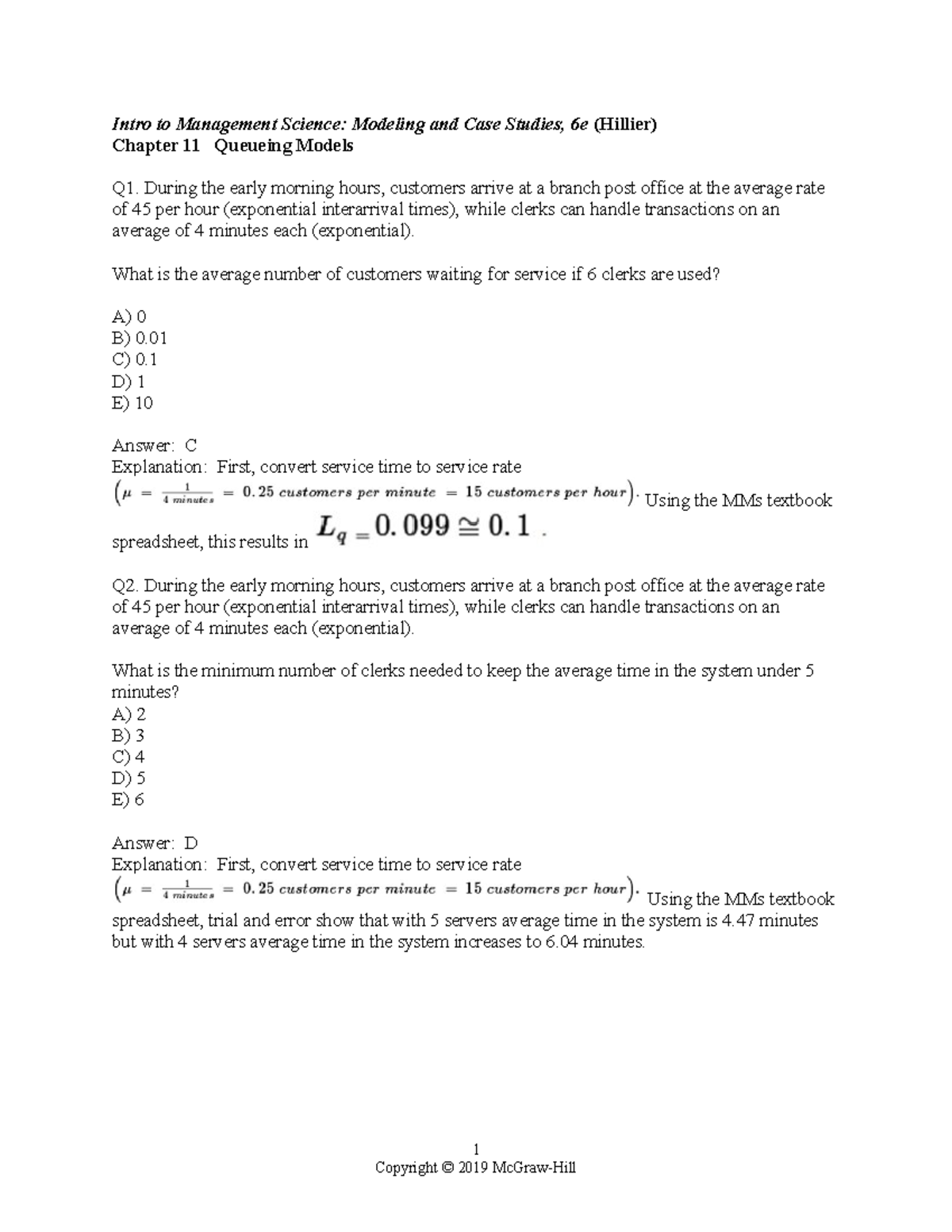Sample Exam Questions Exam 3 QMB 6616 Queueing - Intro to Management Science: Modeling and Case ...