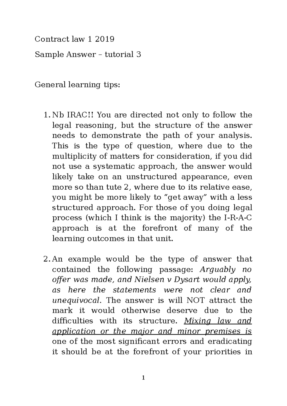 Contract 1 2019 Sample-tutorial 3 - Contract law 1 2019 Sample Answer ...