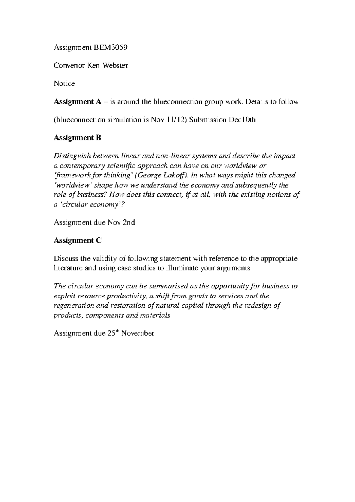 Assignments 111 - Assignment BEM Convenor Ken Webster Notice Assignment ...