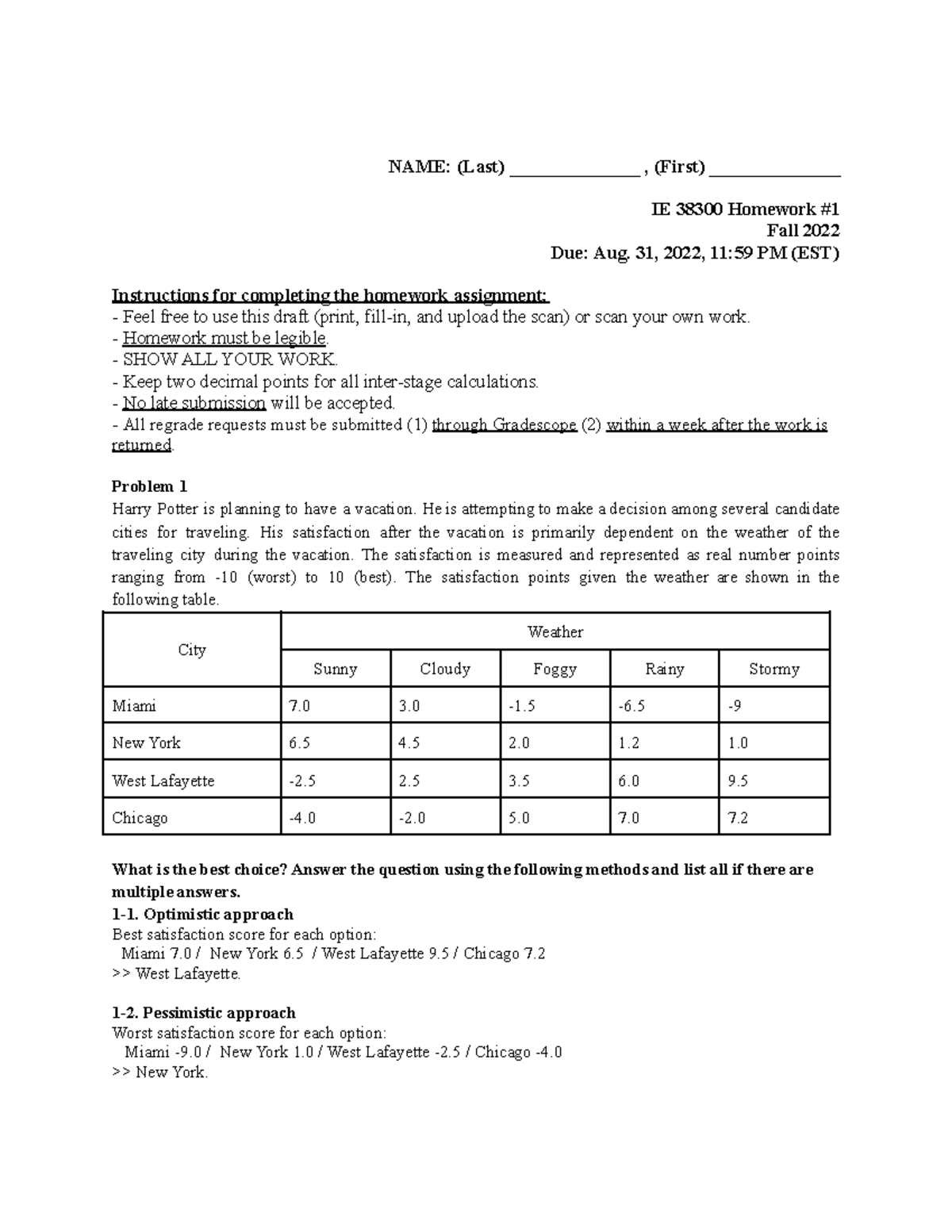 Solution Homework 1 Fall2022 IE38300 - NAME: (Last) ______________ , (First) ______________ IE ...