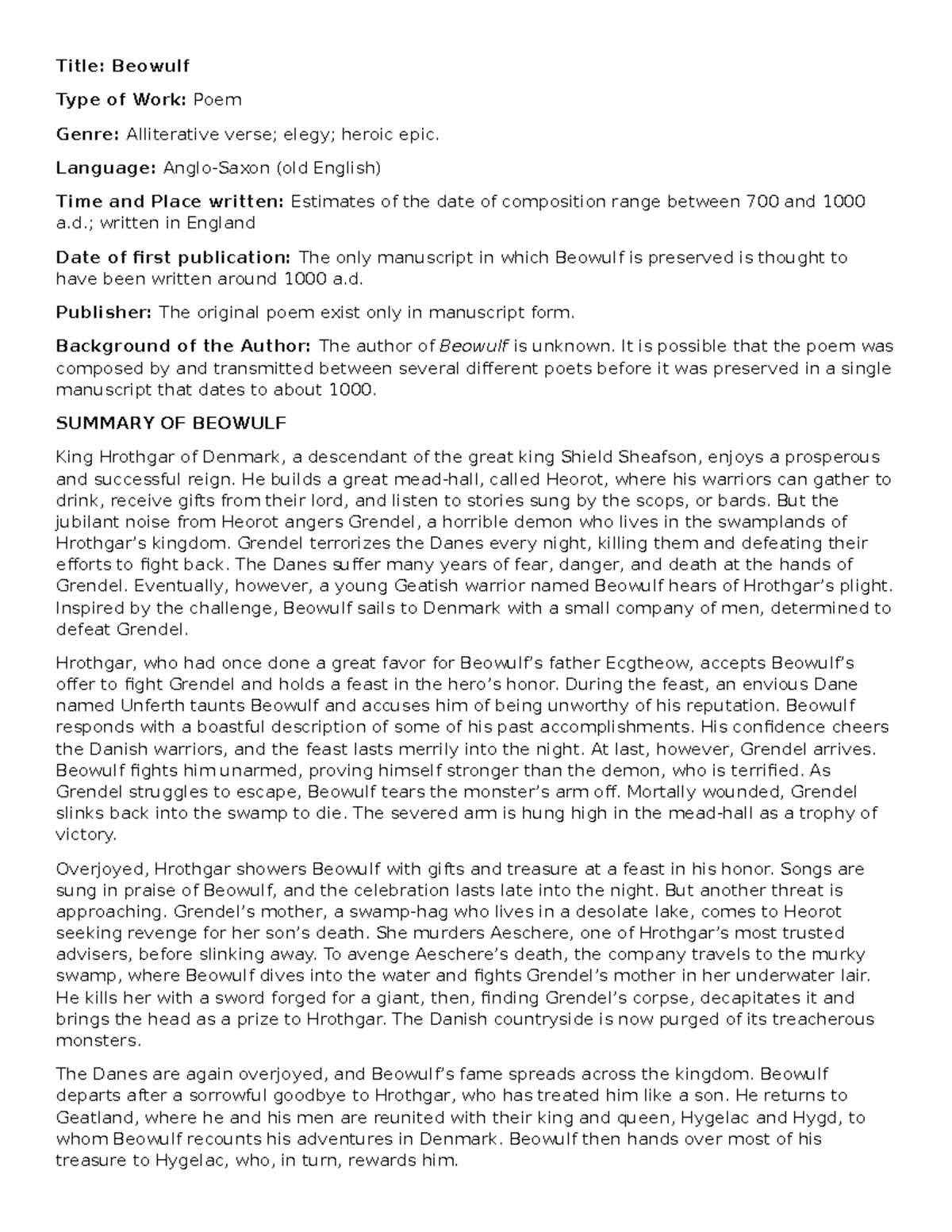 Audience Copy- Beowulf - Title: Beowulf Type of Work: Poem Genre ...