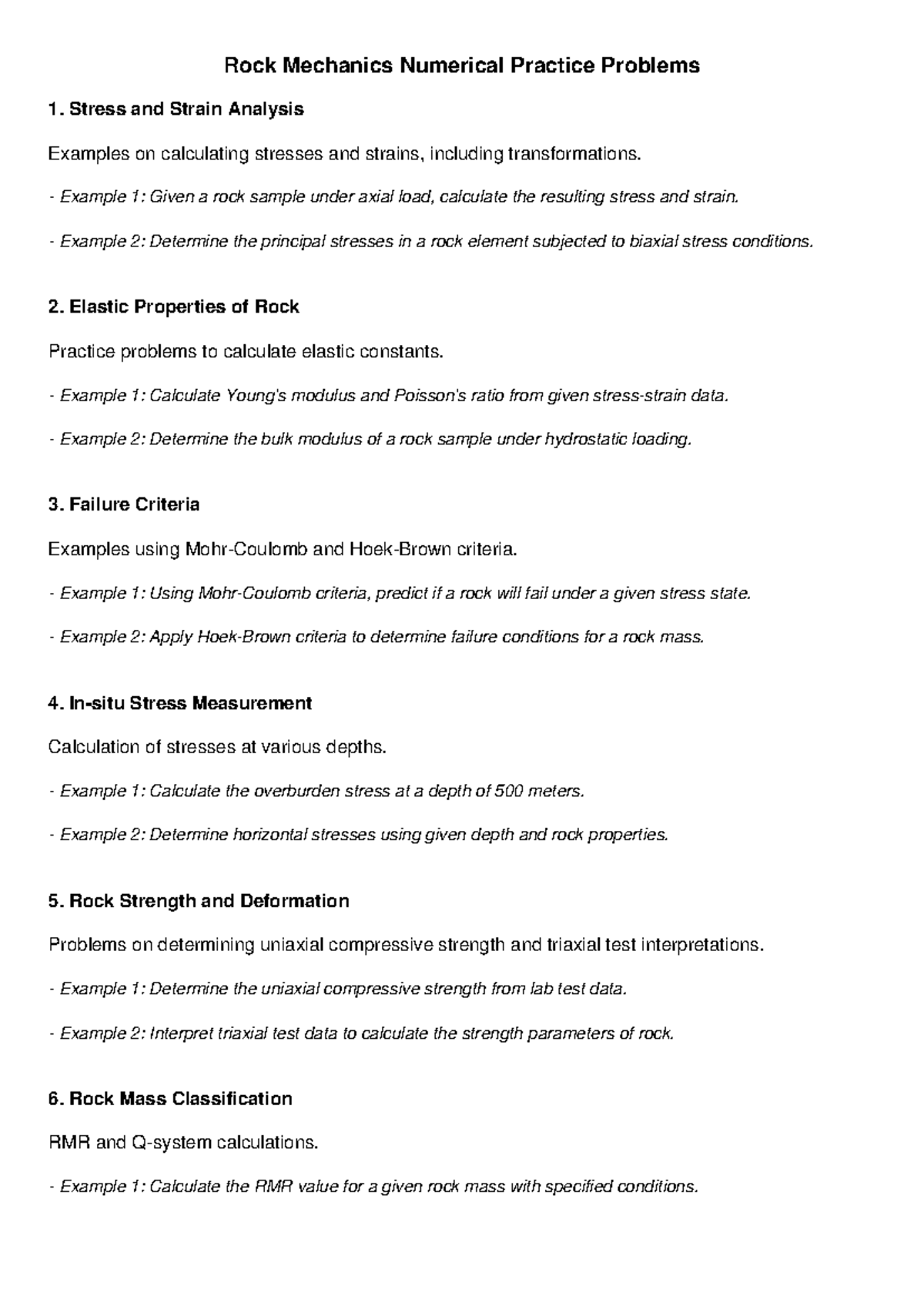 Rock Mechanics Numerical Problems - Rock Mechanics Numerical Practice Problems 1. Stress and ...