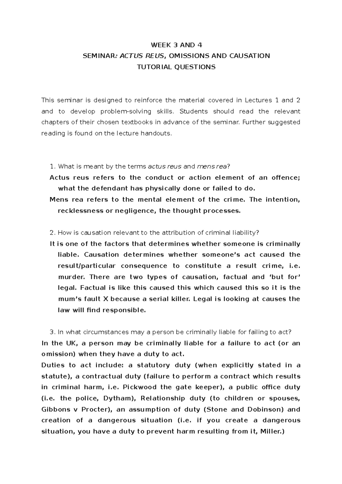 Seminar work 1 - Lecture notes 1 - WEEK 3 AND 4 SEMINAR: ACTUS REUS ...