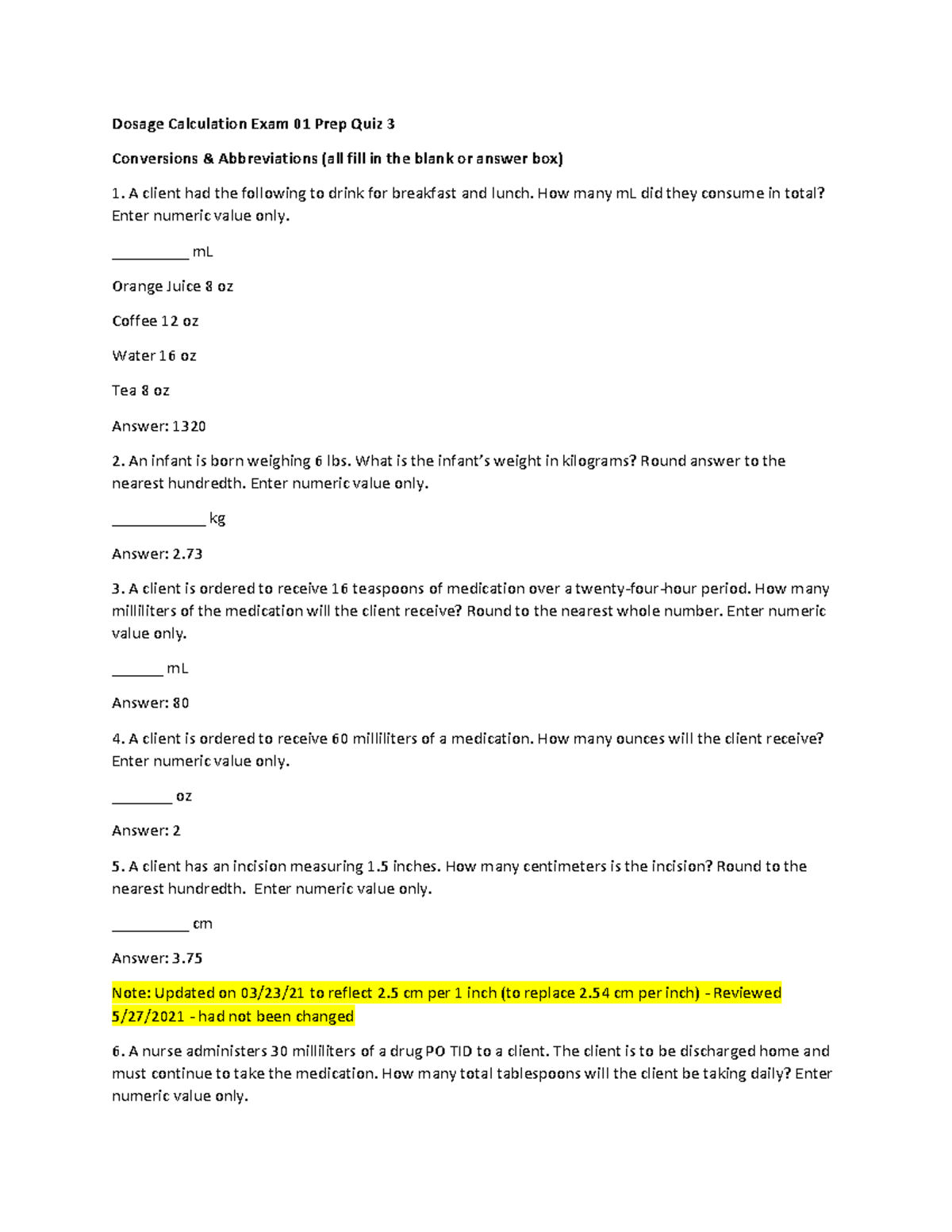 Dosage Calculation Exam 01 Prep Quiz 3 - Dosage Calculation Exam 01 ...