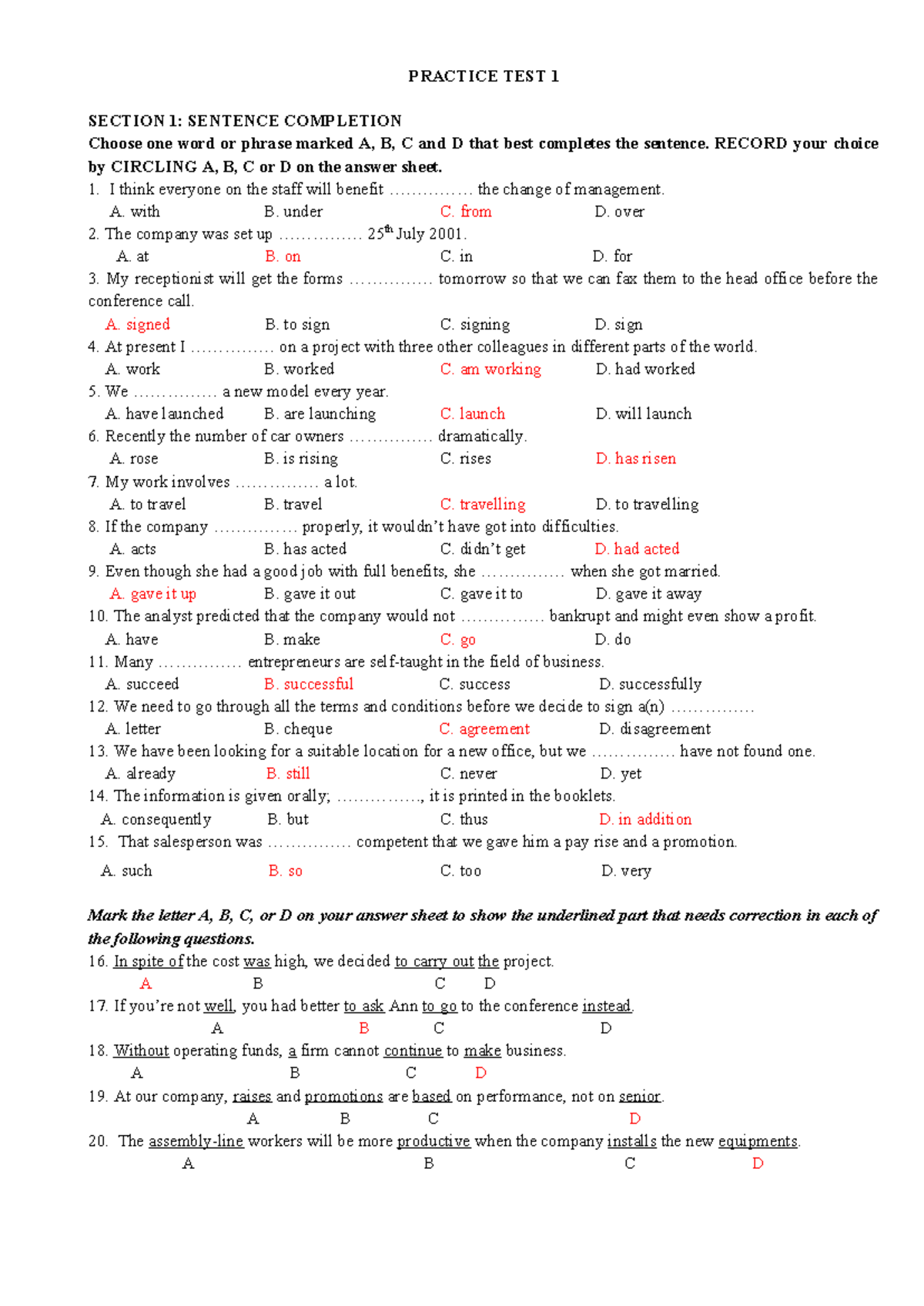 Practice-TEST-1 - PRACTICE TEST 1 SECTION 1: SENTENCE COMPLETION Choose ...