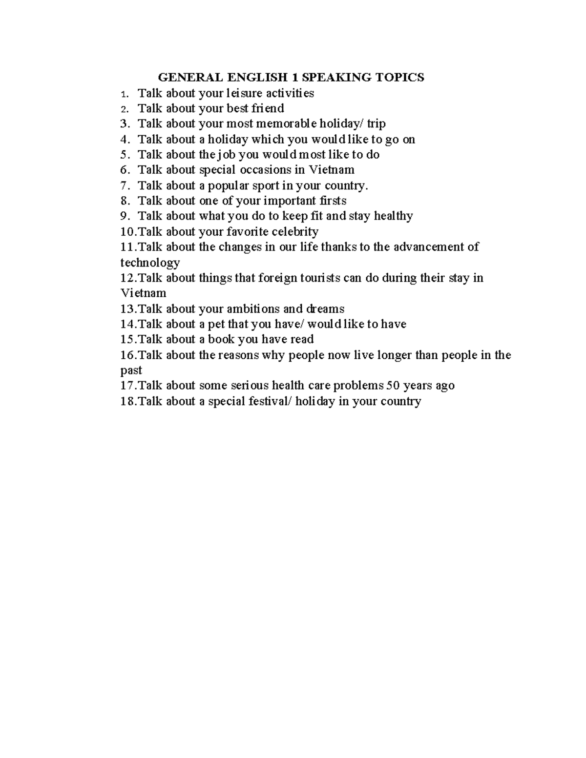 Topic thi tiếng anh speaking ajc - GENERAL ENGLISH 1 SPEAKING TOPICS ...