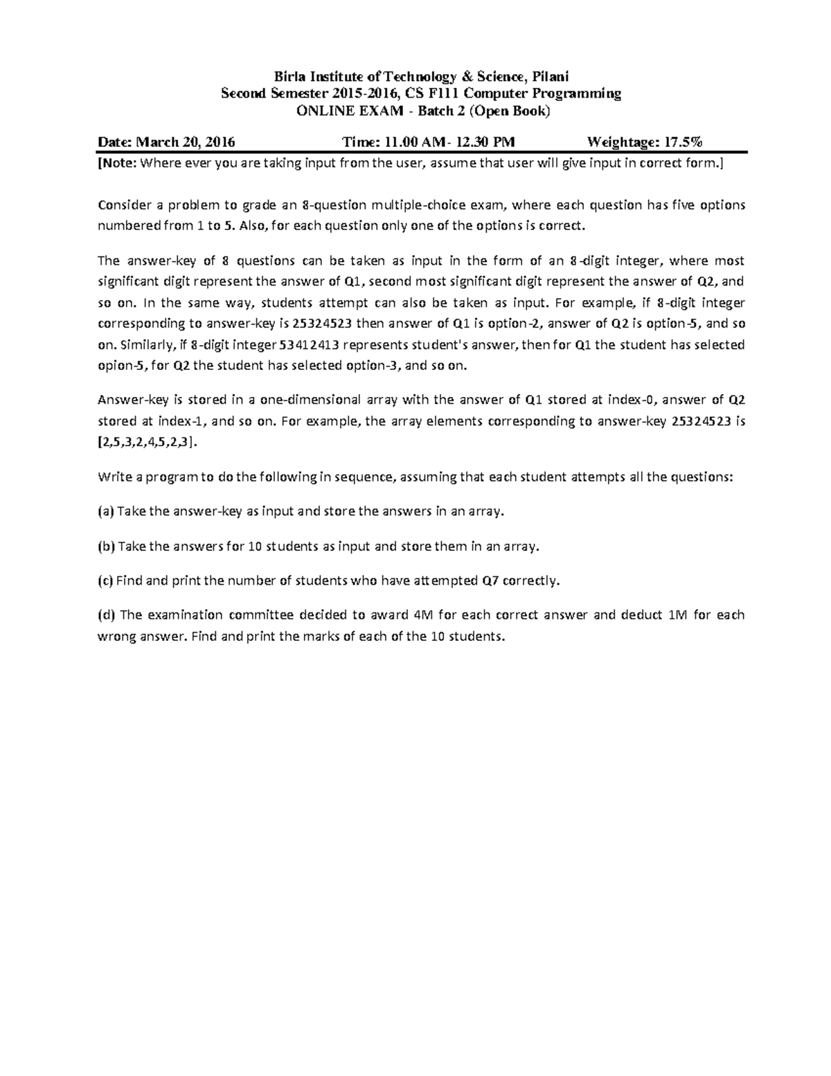 Batch 2 (2015-16) - question paper - Second Semester 2015-2016, CS F111 Computer Programming ...