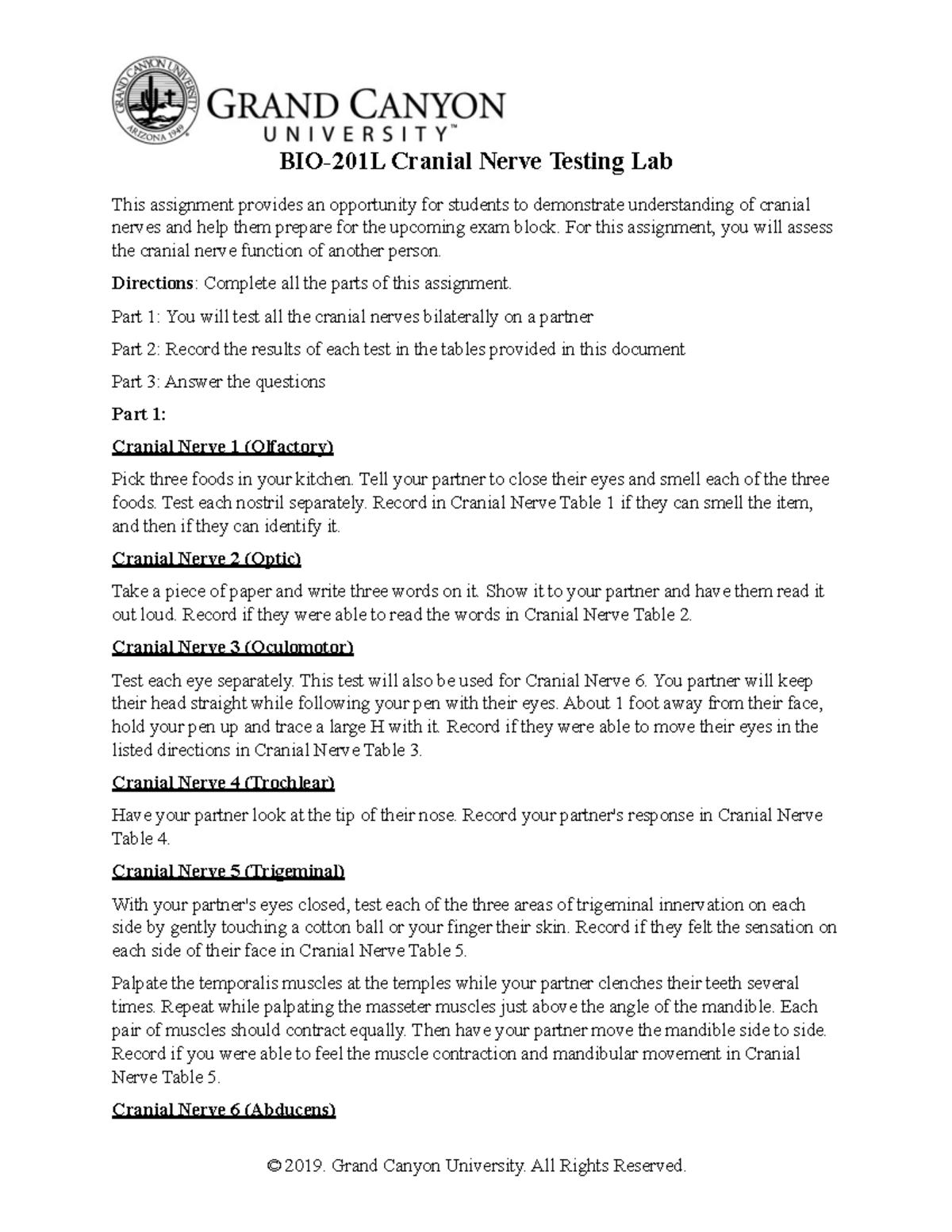 BIO-201L-Cranial Nerves Testing Lab - BIO-201L Cranial Nerve Testing ...