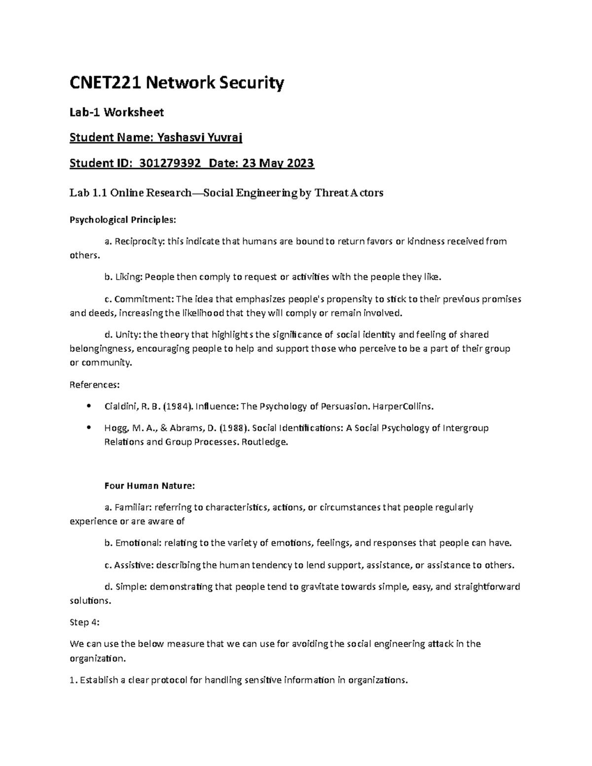 Lab-1 Worksheet 221 - CNET221 Network Security Lab-1 Worksheet Student ...