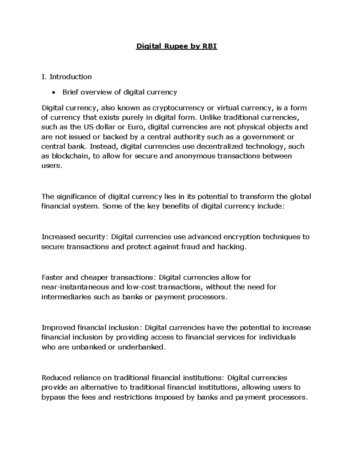 Digital Rupee Notes - Digital Rupee by RBI I. Introduction Brief ...