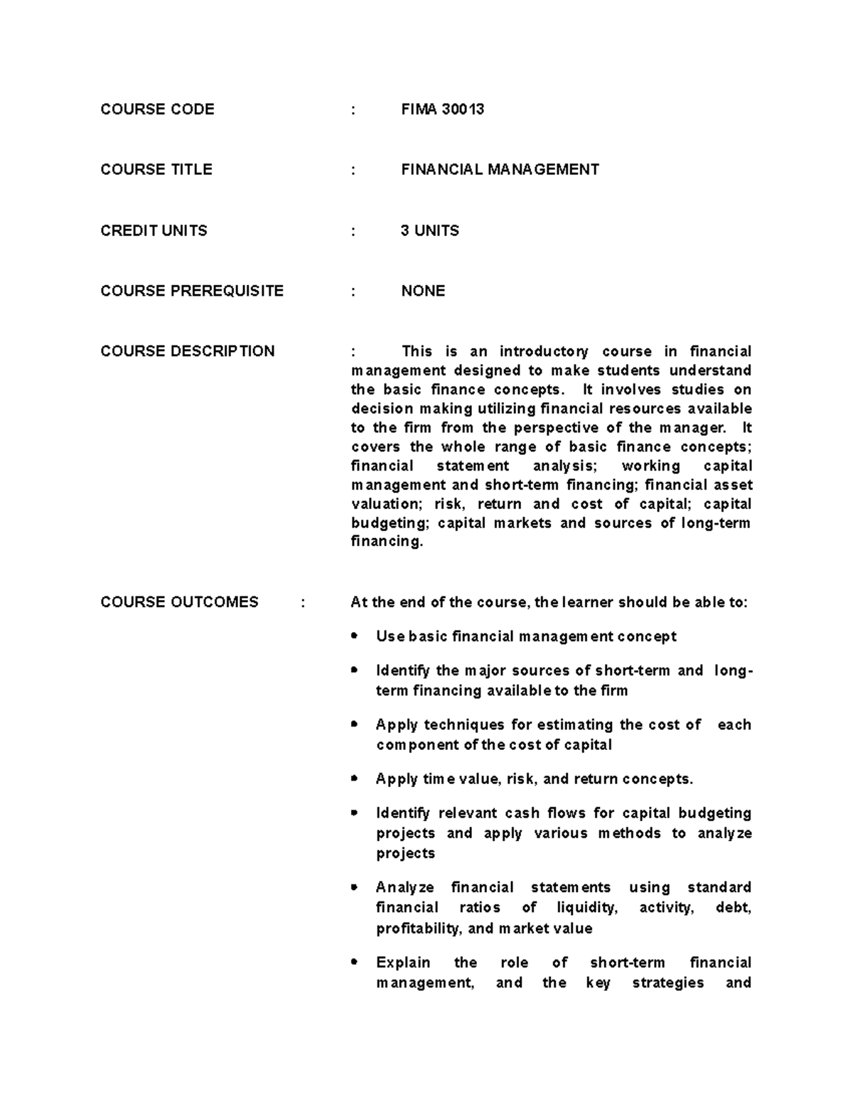 Financial Management - COURSE CODE : FIMA 30013 COURSE TITLE ...