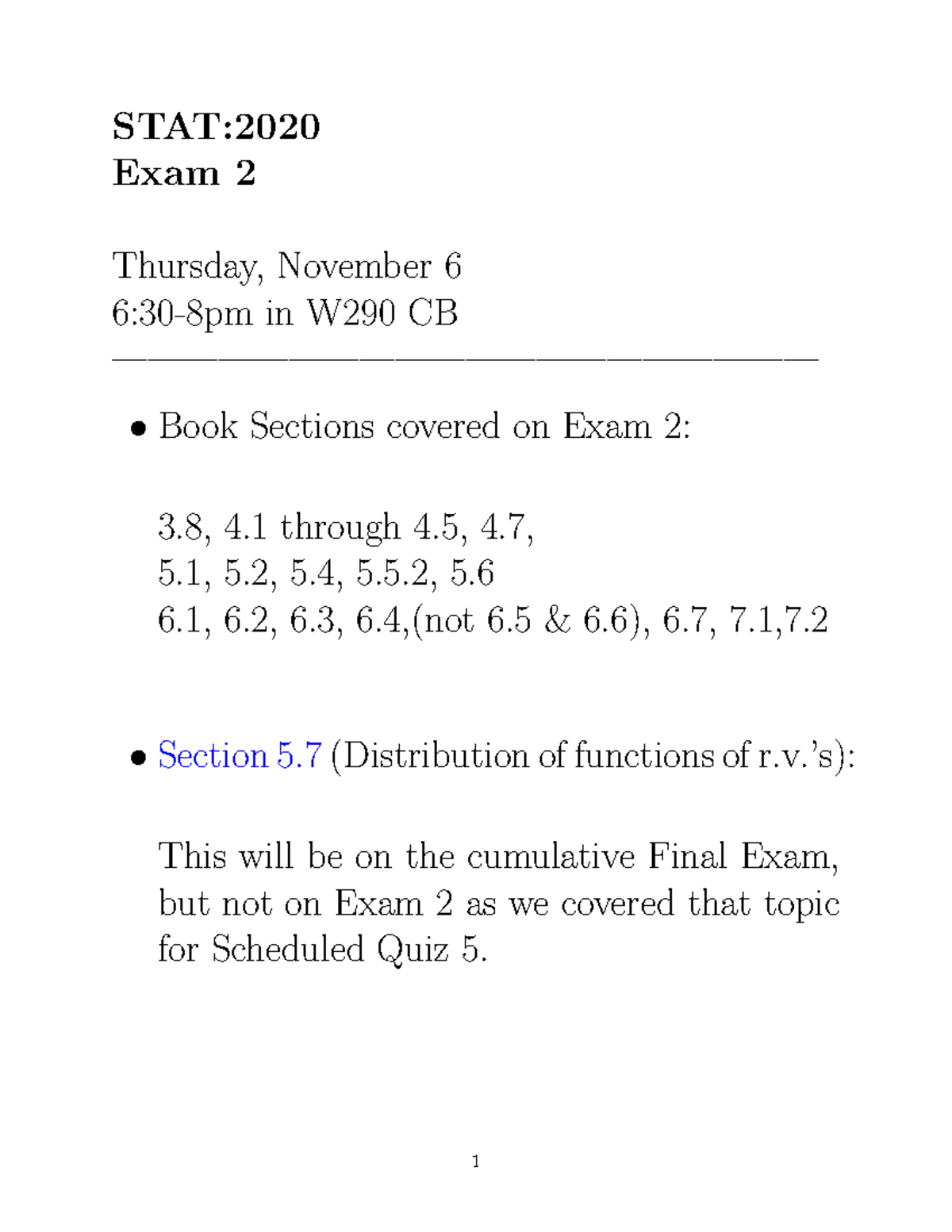 Topics exam2 - Basic notes - STAT: Exam 2 Thursday, November 6 6:30-8pm ...