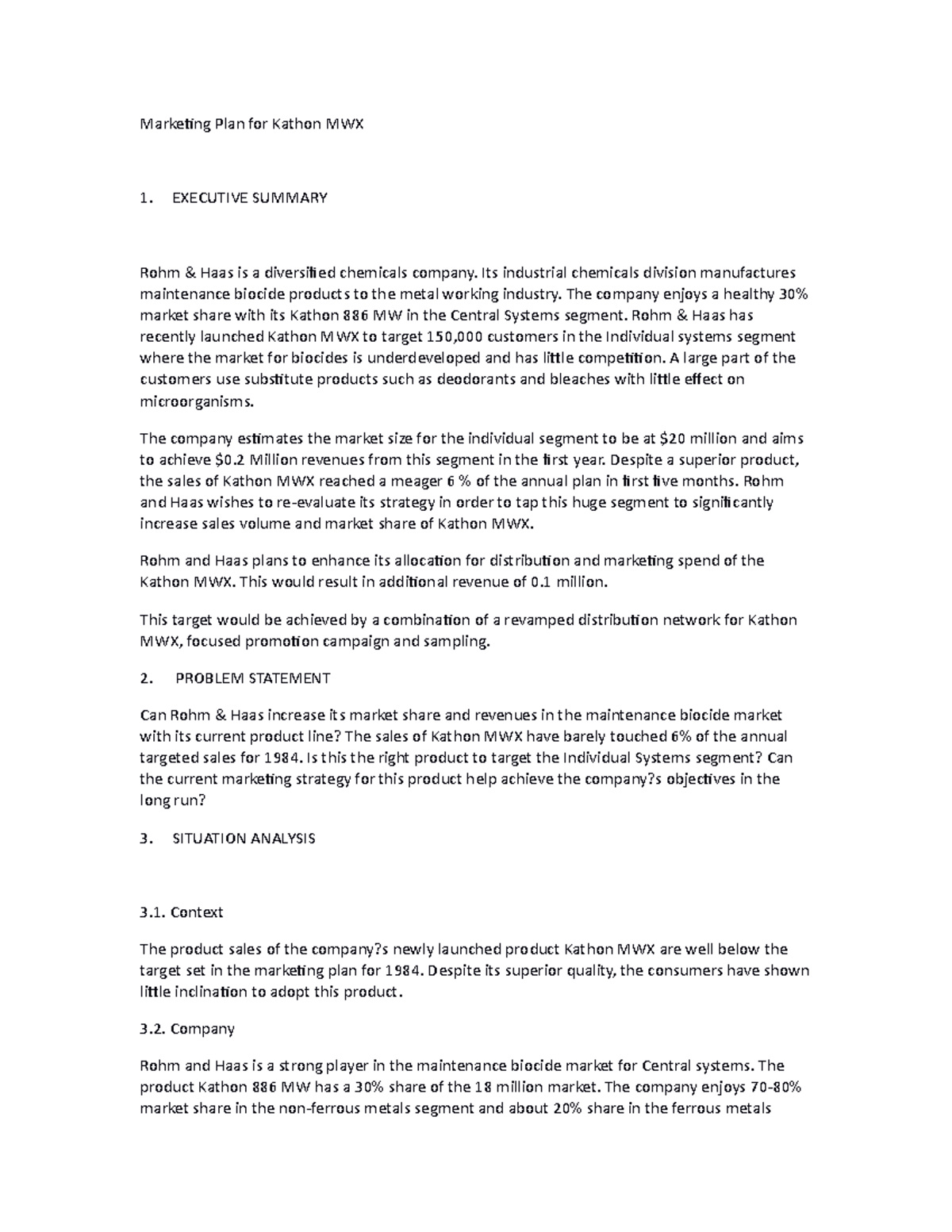 Document - None - Marketing Plan for Kathon MWX EXECUTIVE SUMMARY Rohm ...