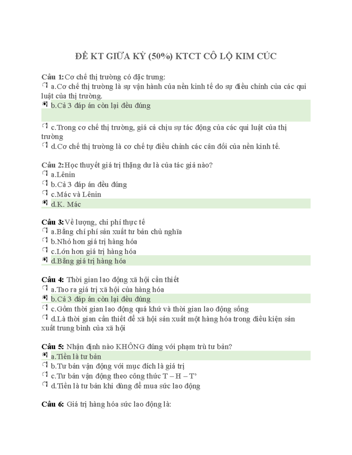 Ktct GiỮa KỲ ĐỀ Ktct GiỮa KỲ CÔ LỘ Kim CÚc ĐỀ Kt GiỮa KỲ 50