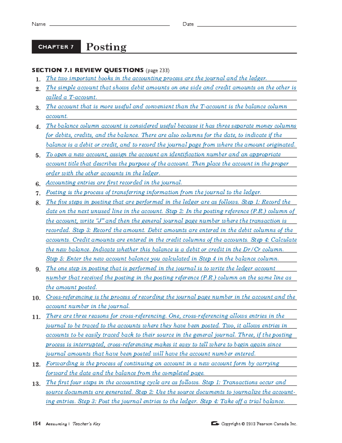 7.1 solutions - Copy - acounting - Name Date CHAPTER 7 Posting SECTION ...