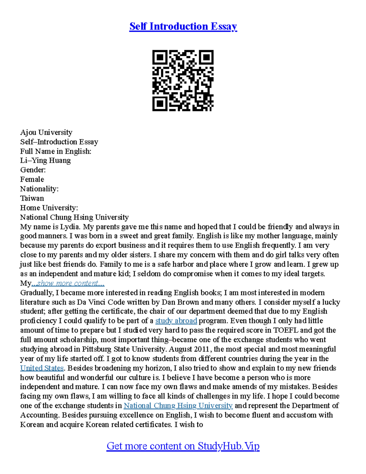 Write About Yourself Essay Sample - Self Introduction Essay Ajou ...