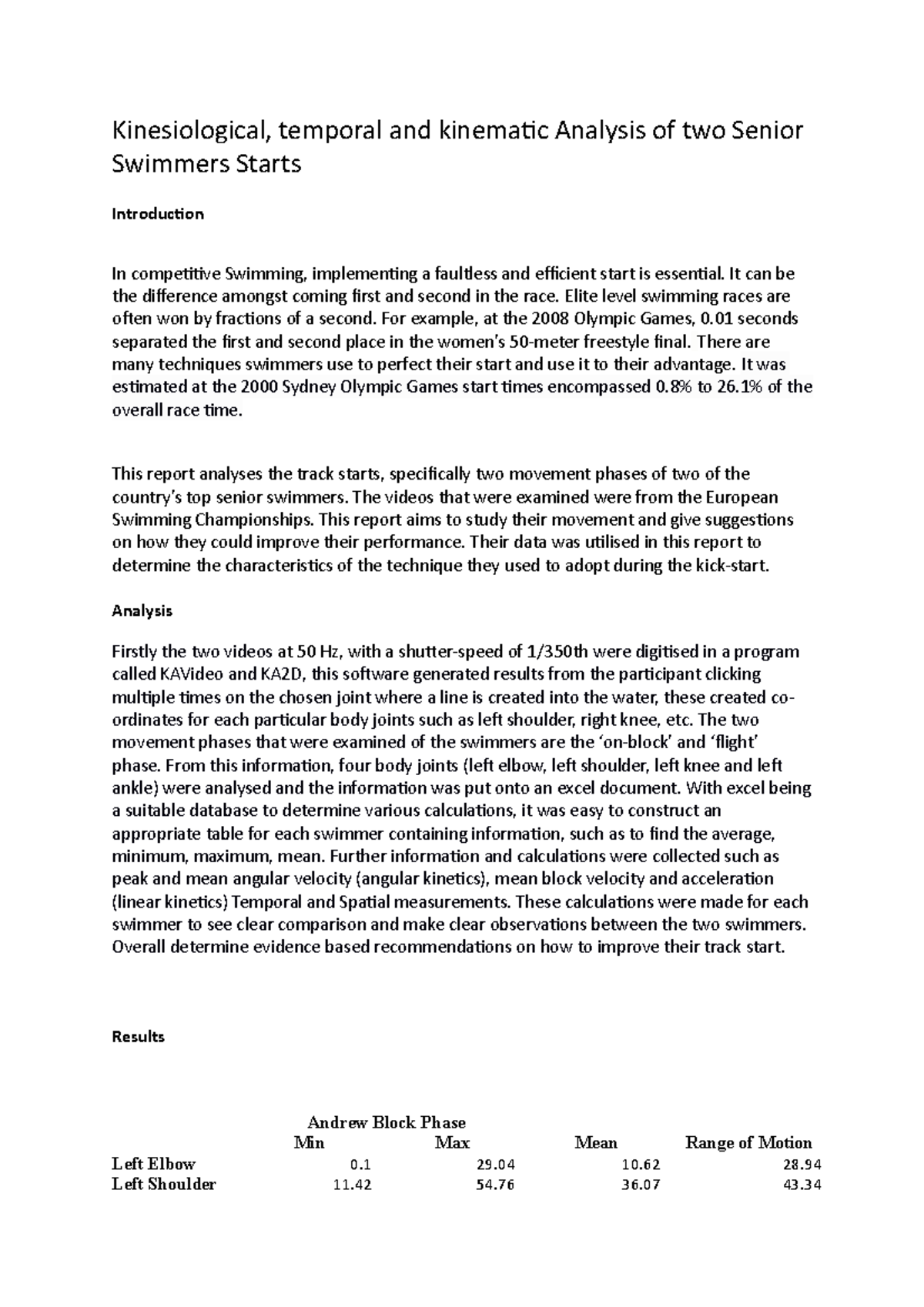 Biomechanics 2 report on swimmers - Kinesiological, temporal and ...