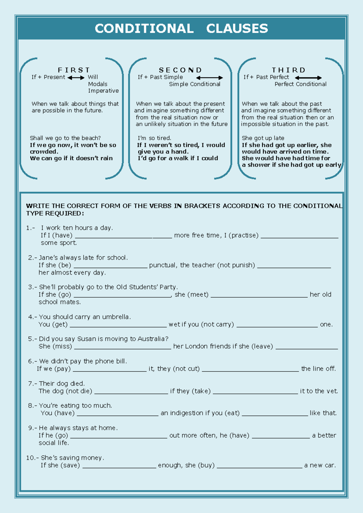 Conditionals Workshop - F I R S T S E C O N D T H I R D If + Present Will If + Past Simple If ...