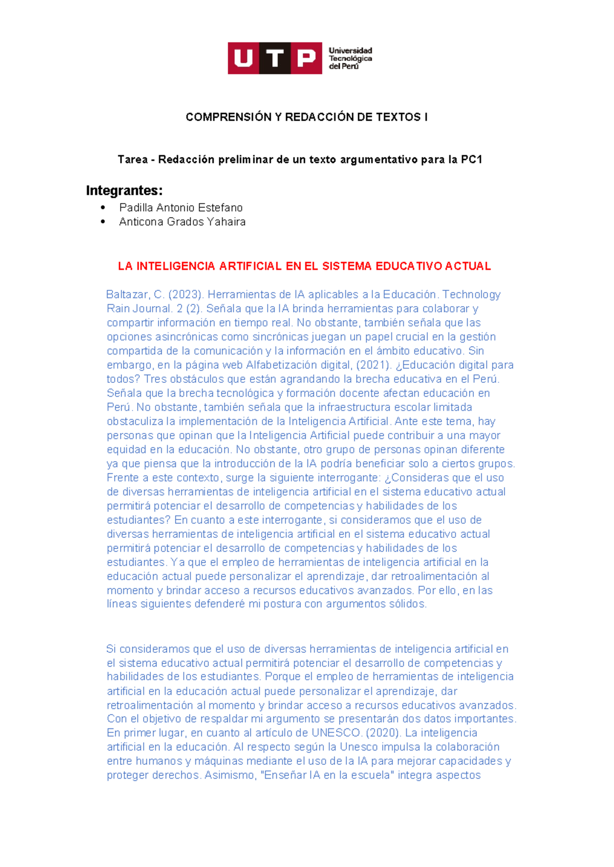redacción preliminar de texto argumentativo para la PC1 - (2023). Herramientas de IA aplicables ...
