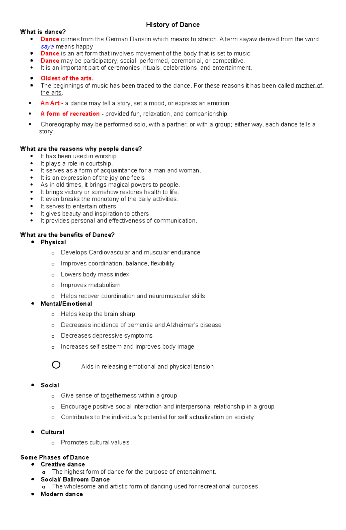 Hope - notes - History of Dance What is dance? Dance comes from the ...