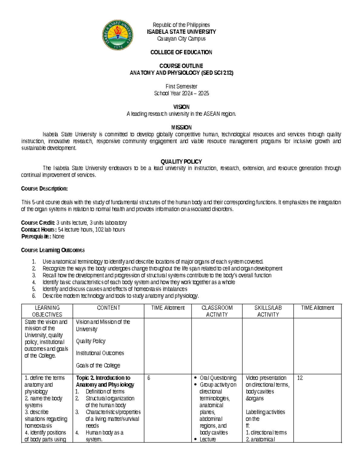Course Outline - Republic of the Philippines ISABELA STATE UNIVERSITY Cauayan City Campus ...