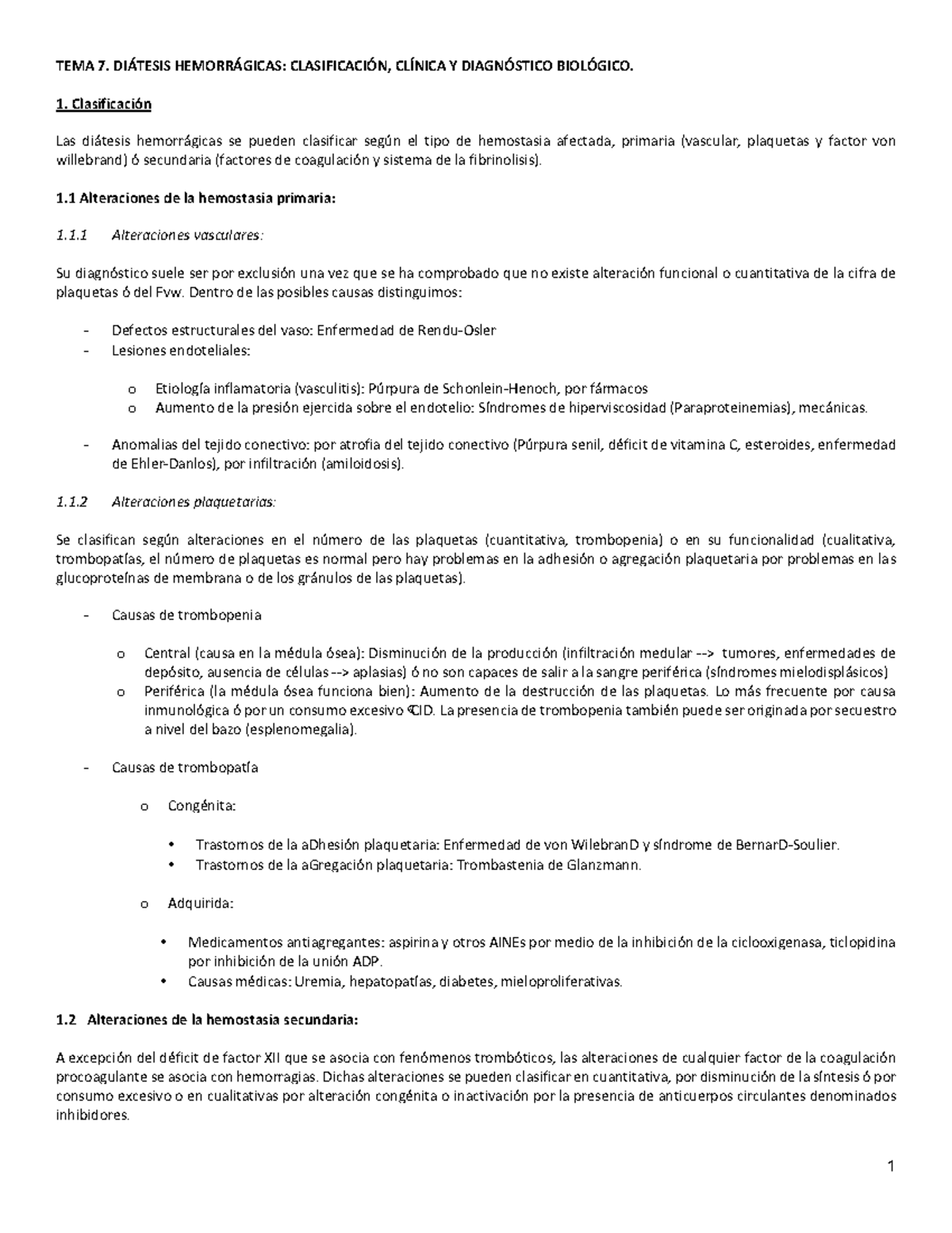 7. Diátesis hemorrágicas - TEMA 7. DIÁTESIS HEMORRÁGICAS: CLASIFICACIÓN ...
