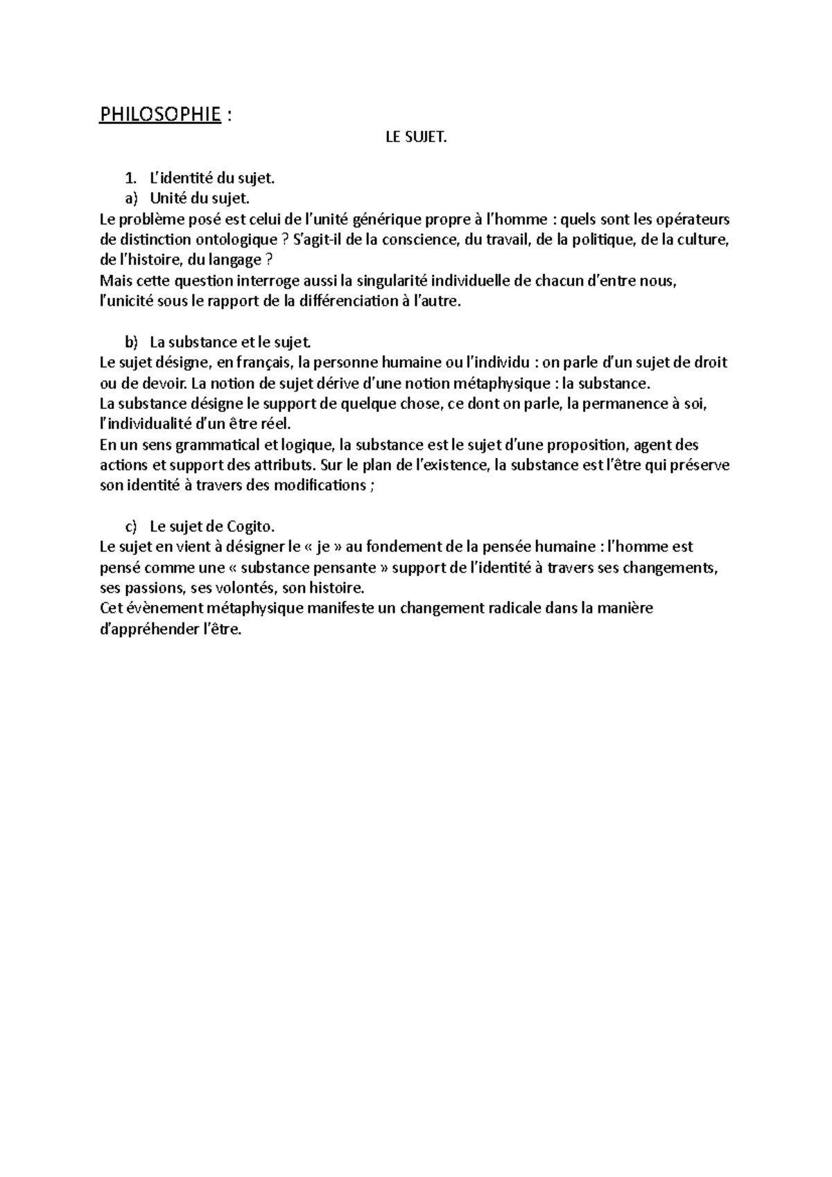philosophie : le sujet - PHILOSOPHIE : LE SUJET. L’identité du sujet. a ...