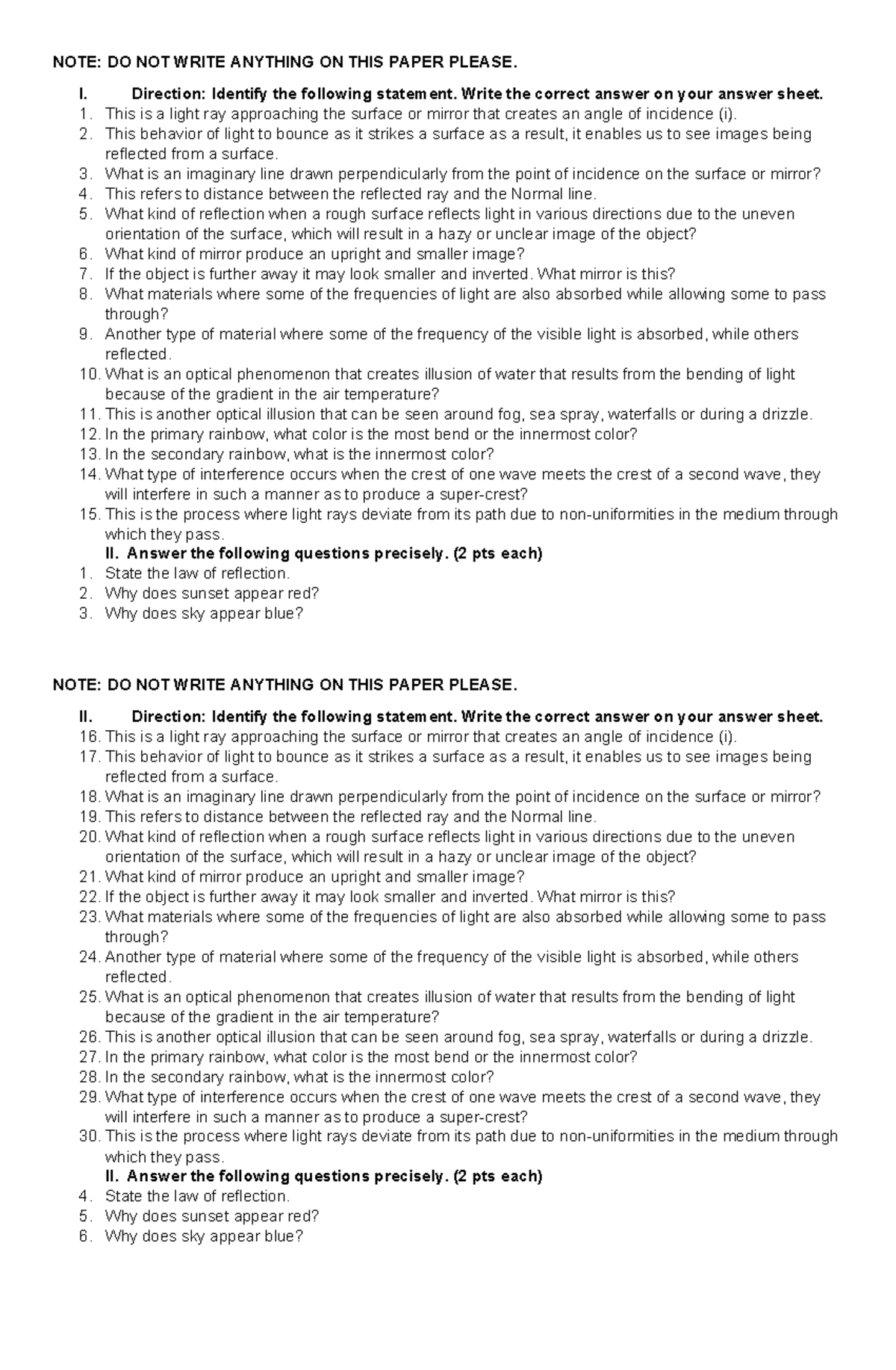 Quiz - Hkgvv - NOTE: DO NOT WRITE ANYTHING ON THIS PAPER PLEASE. I ...