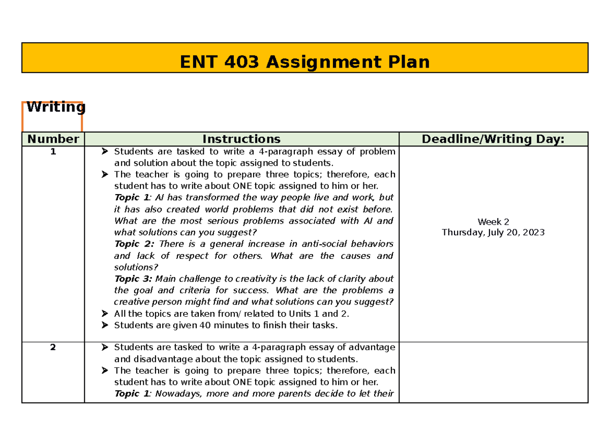 ENT40 AP PC1809&1821 - Note - ENT 403 Assignment Plan Writing Number Instructions Deadline ...