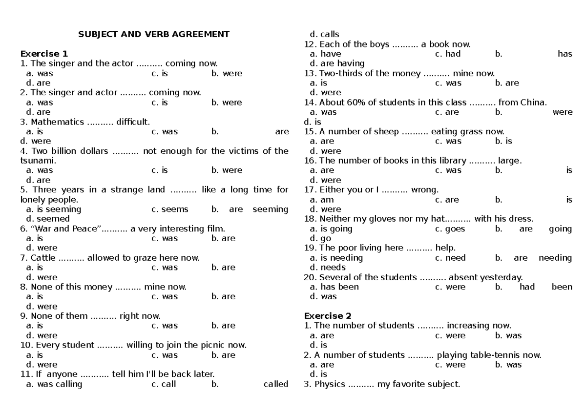Grammar exercise - SUBJECT AND VERB AGREEMENT Exercise 1 The singer and ...