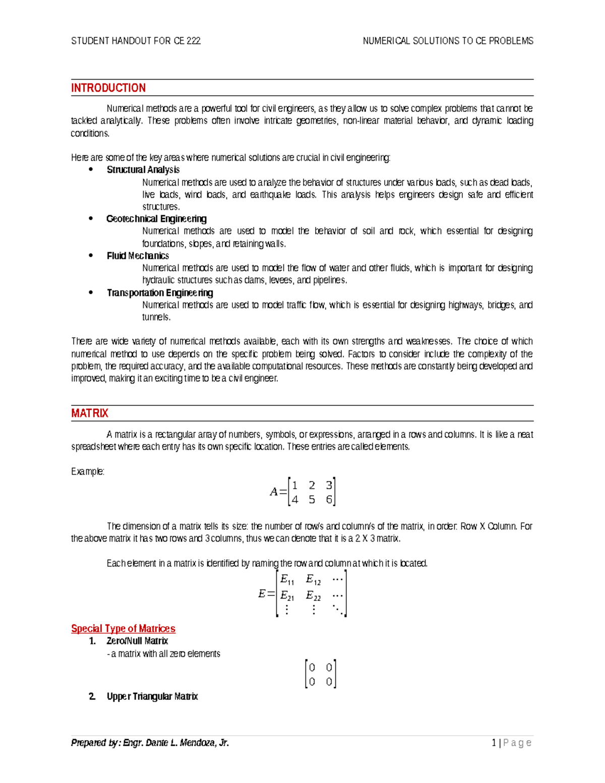 CE222 Handout - Numerical Solutions to CE Problems - INTRODUCTION Numerical methods are a ...