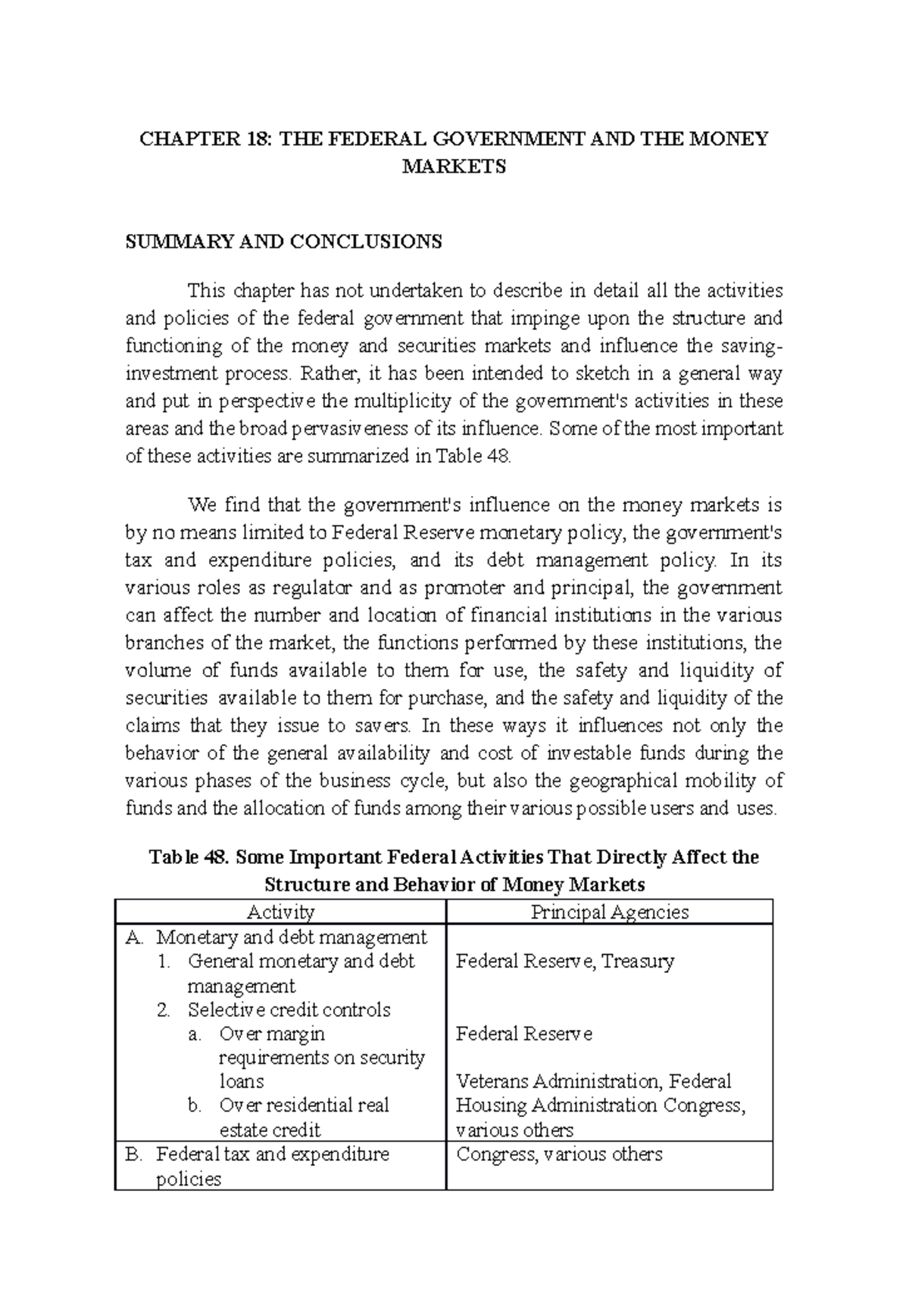 CHAPTER 18 THE FEDERAL GOV'T AND THE MONEY MARKETS: Summary and ... CHAPTER 18 THE FEDERAL GOV'T AND THE MONEY MARKETS: Summary and ...