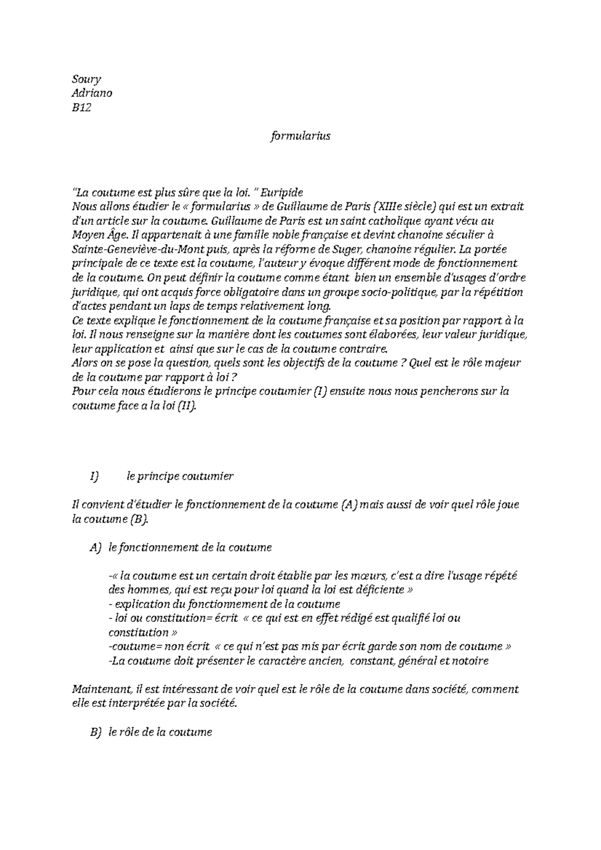 Commentaire plan détaillé coutume - Soury Adriano B formularius “La ...