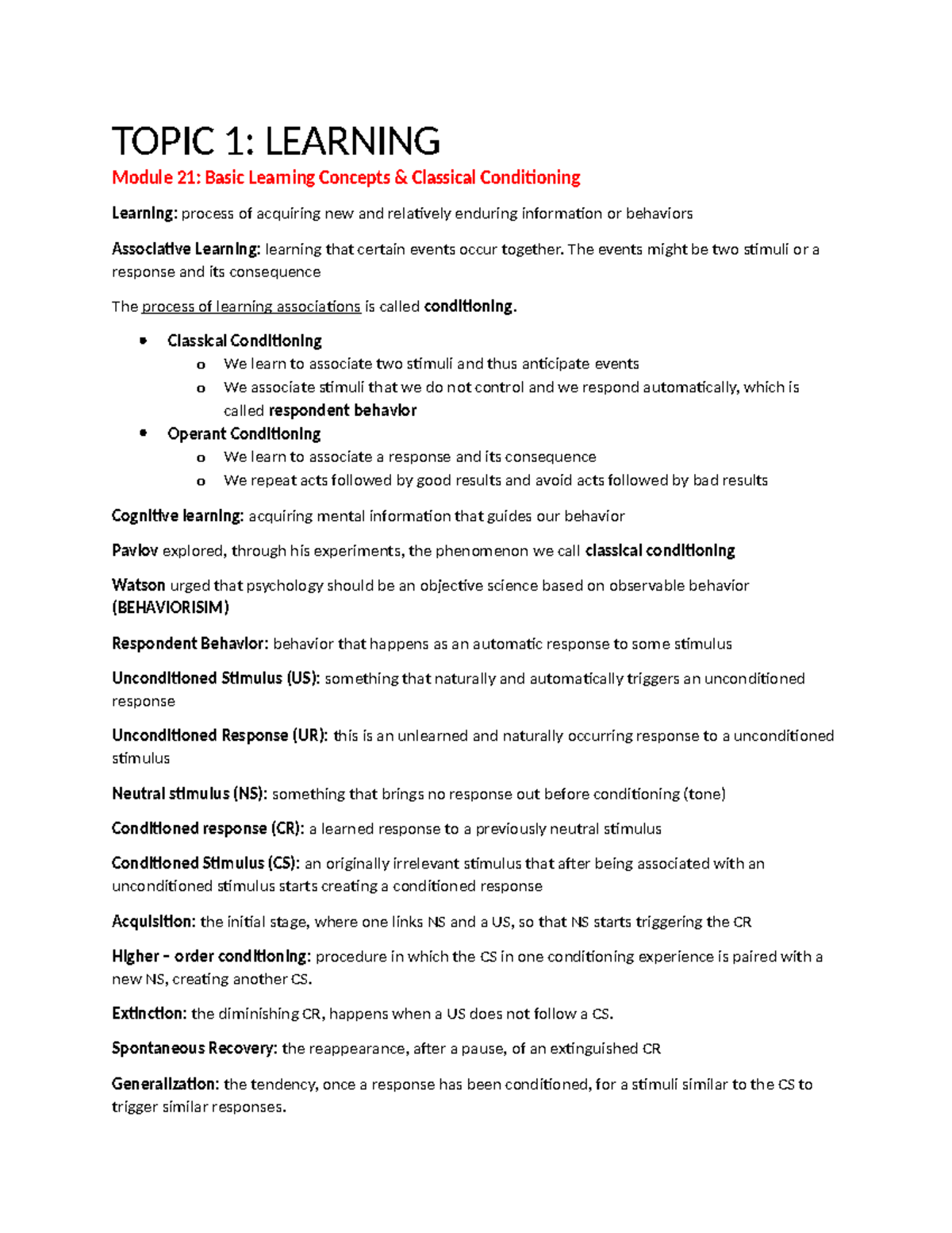 Psyc Test 2 (personal notes) - TOPIC 1: LEARNING Module 21: Basic ...