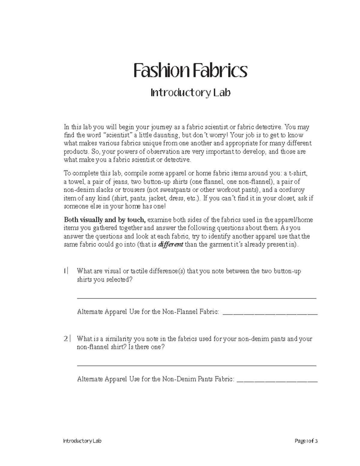 Intro to fashion fabrics - Introductory Lab Page 1 of 3 Fashion Fabrics ...