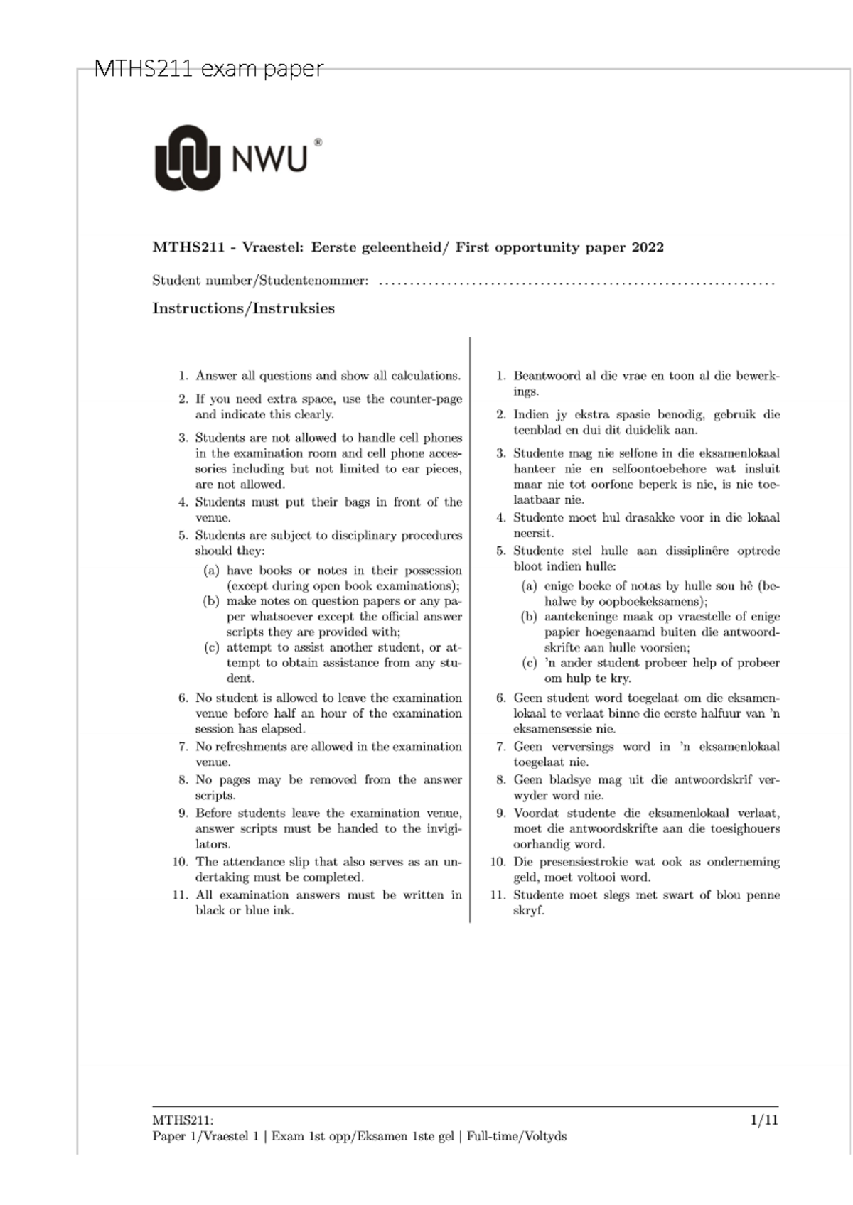 MTHS211 1st opp 2022 memo - MTHS211 exam paper NWU MTHS211 Vraestel ...